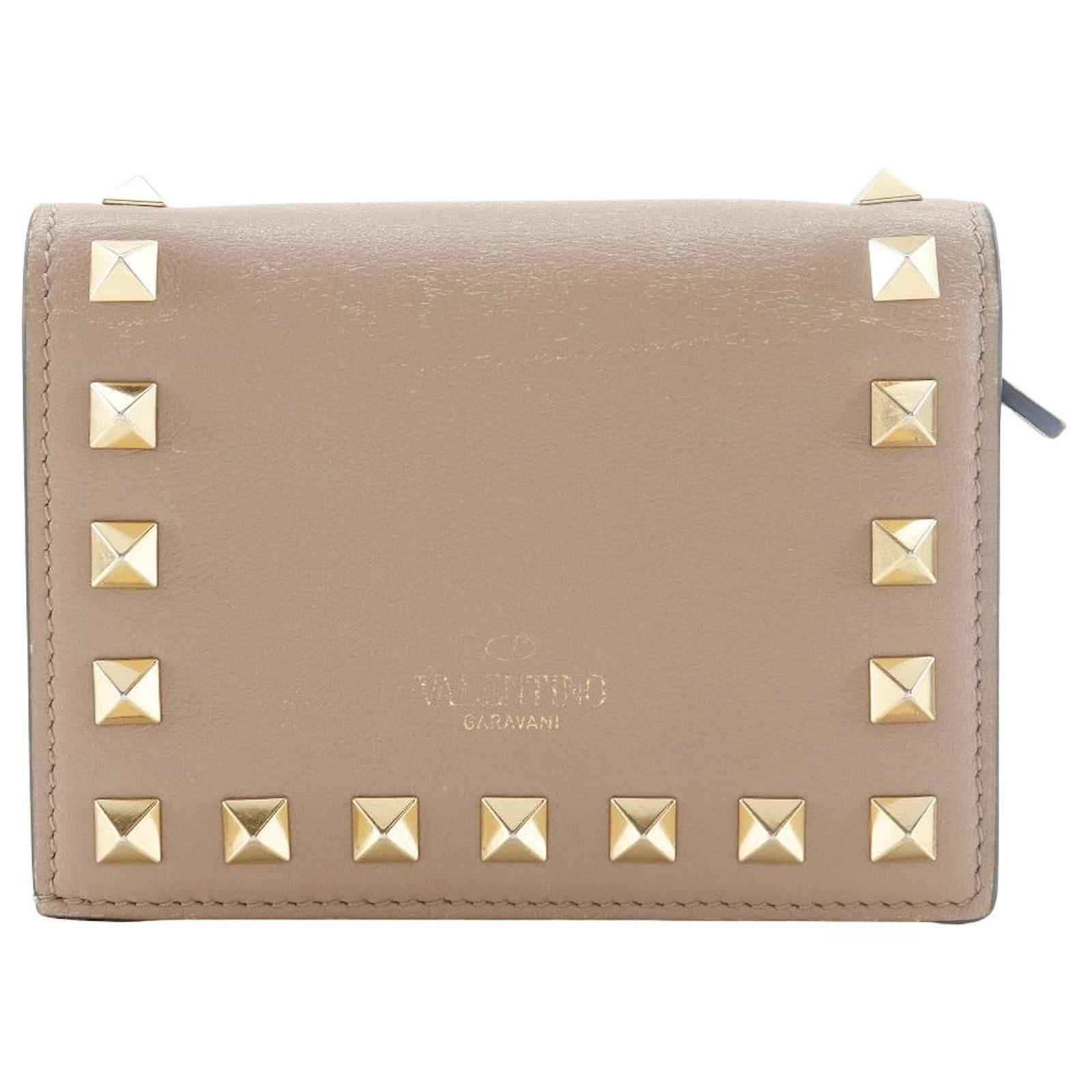 Valentino Garavani Rockstuds Calf Small Wallet Brown Beige Leather ref ...