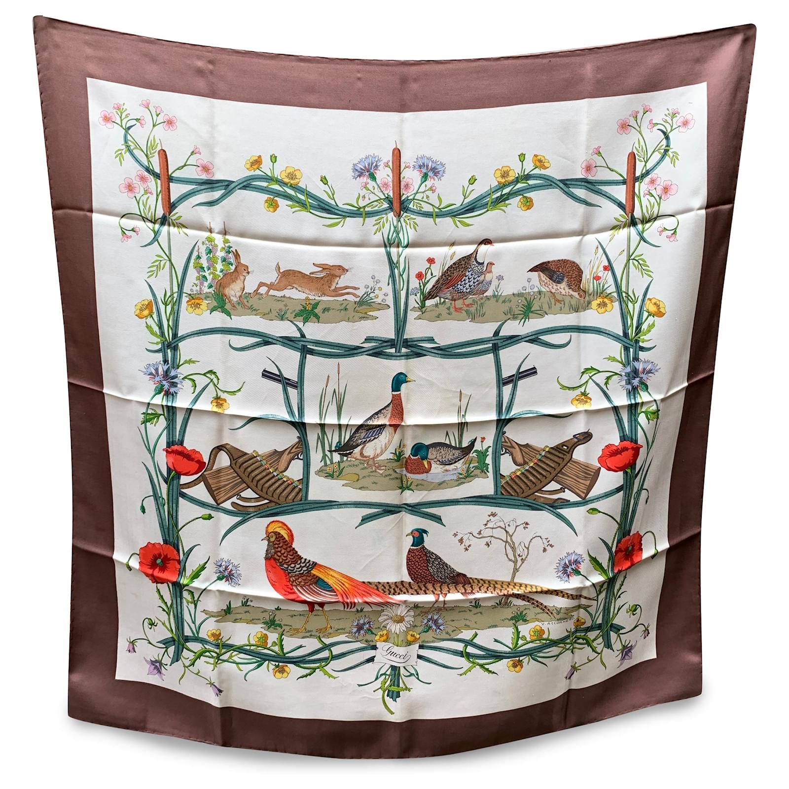 Gucci Vintage Game and Flowers Silk Scarf Flora 1970s Accornero Brown ...