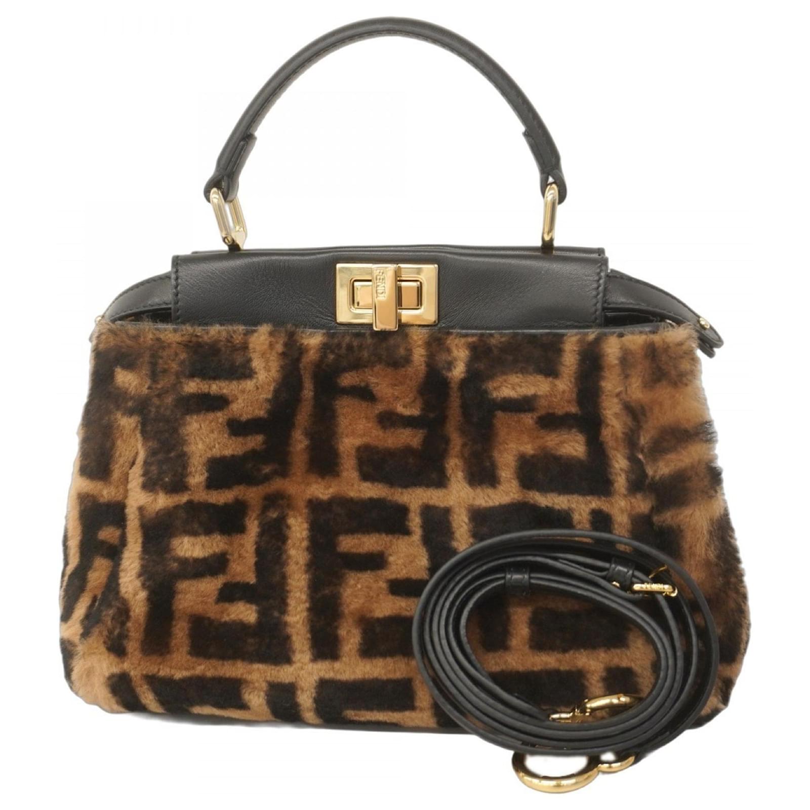 Fendi Zucca Mini Peekaboo Handbag Brown Black Leather Fur ref.2470331 ...
