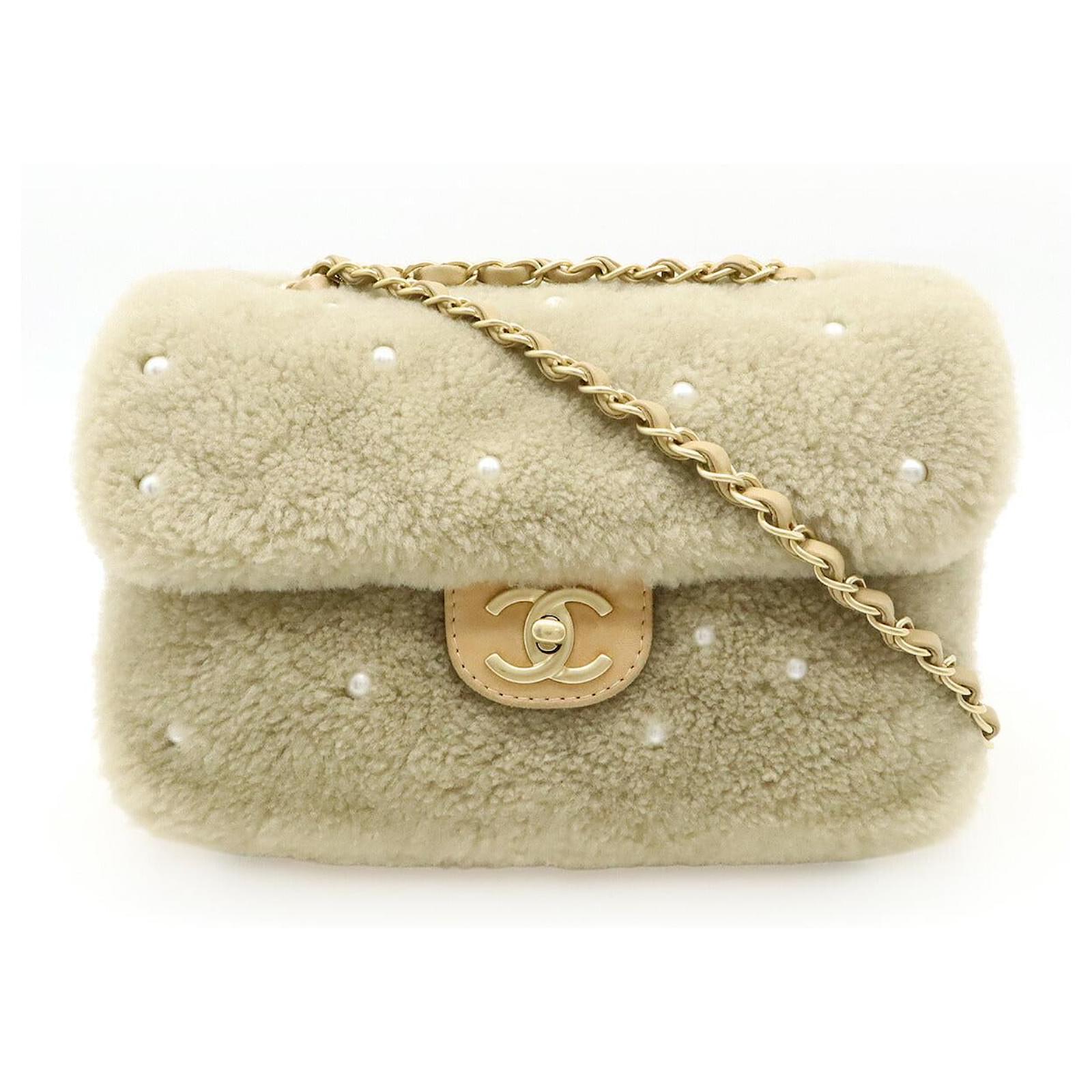 Chanel Shearling Bag Pearl Embroidery Brown Beige Leather Lambskin ref ...