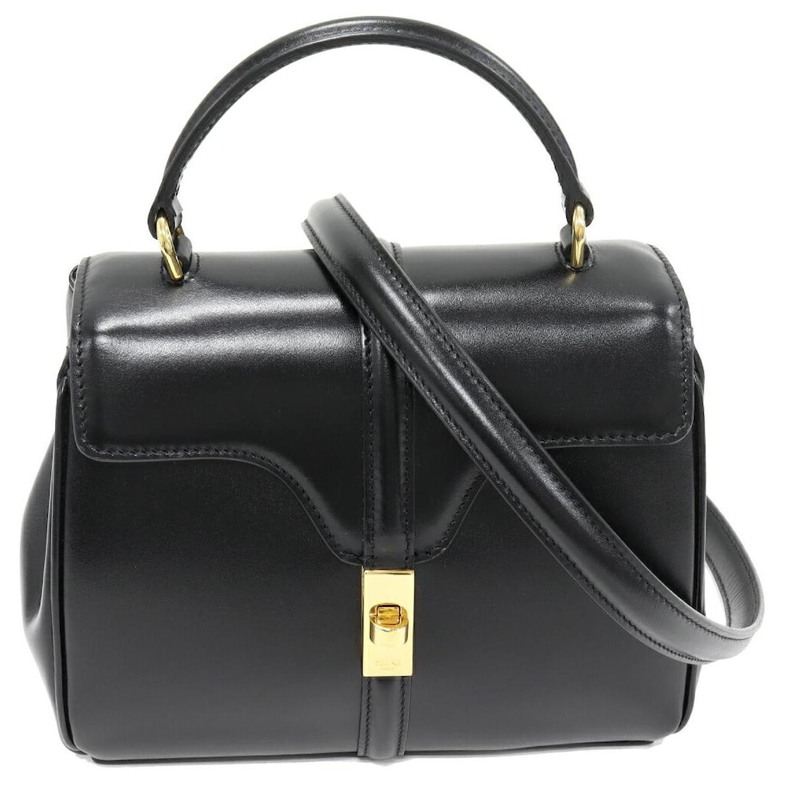 Céline Celine Satin Calfskin 16 Mini Handbag Black Leather Pony-style ...