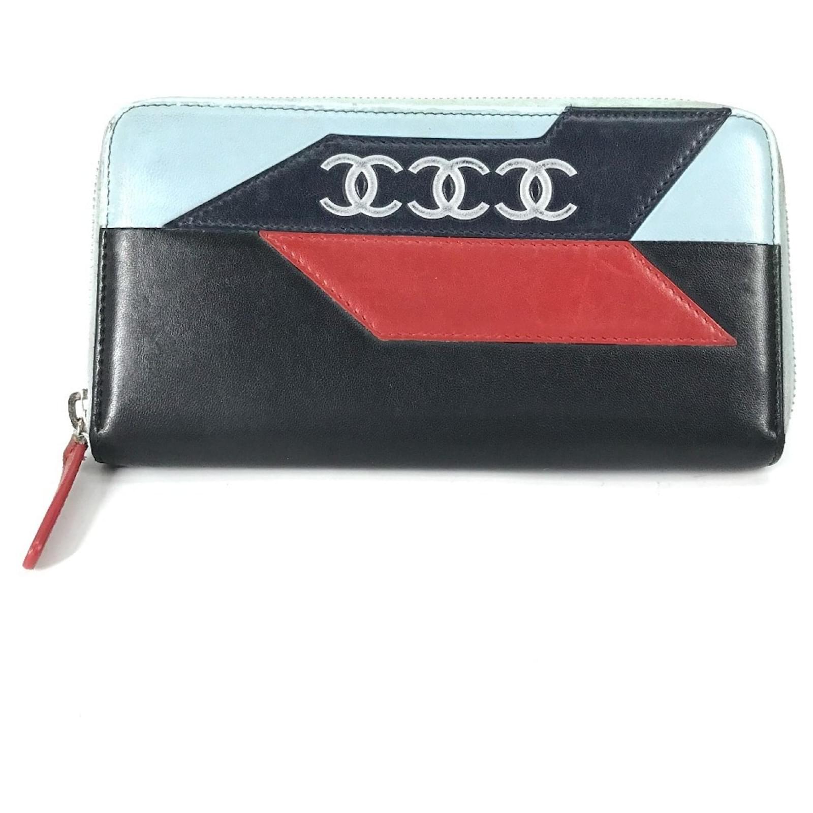 Chanel Airline Triple Coco Round Zip Long Wallet Black Light blue ...