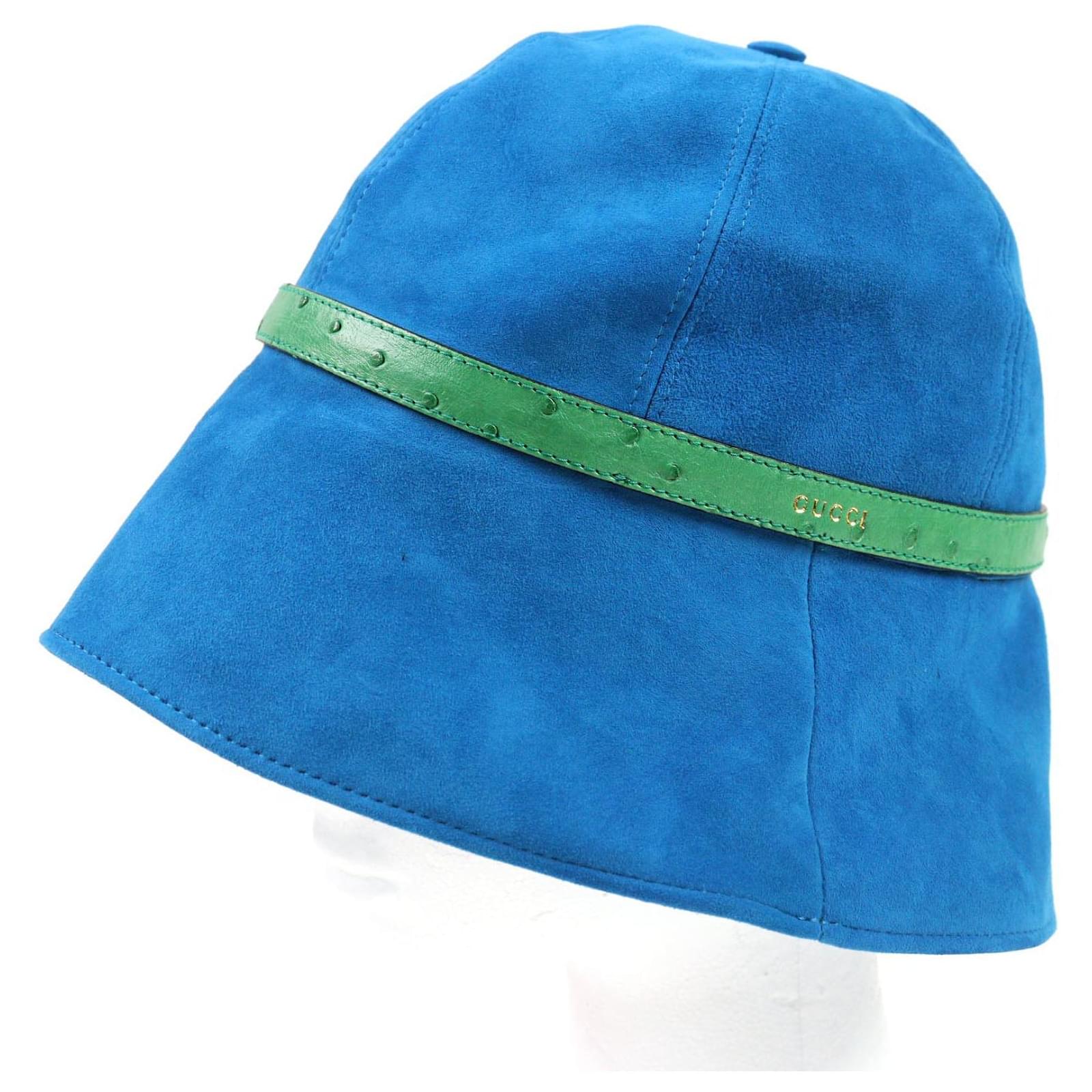 Gucci Nubuck Logo Ostrich Leather Sheep Leather Bucket Hat Blue Green ...