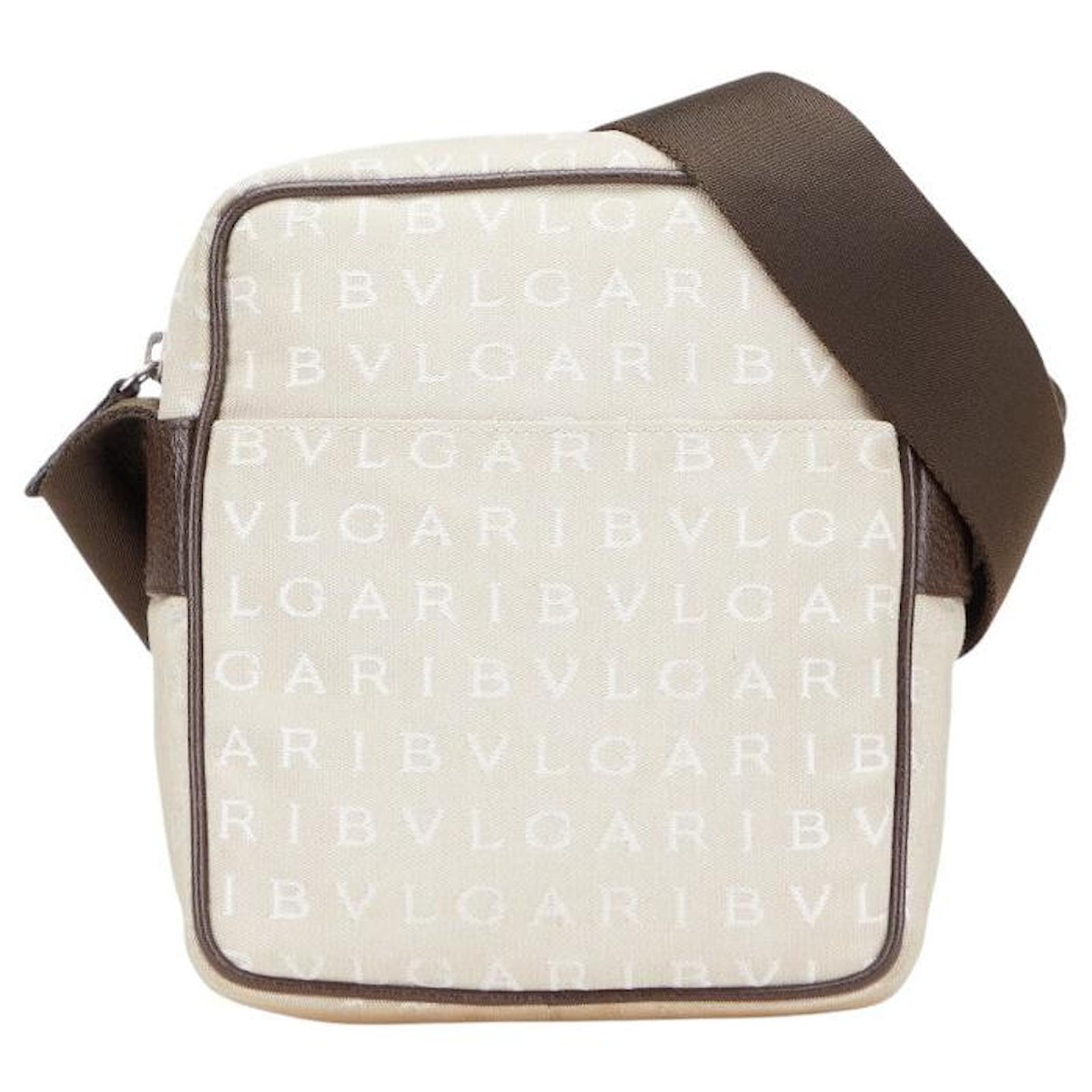 Bulgari Bvlgari Logo Mania Canvas Leather Shoulder Bag Brown Beige ...