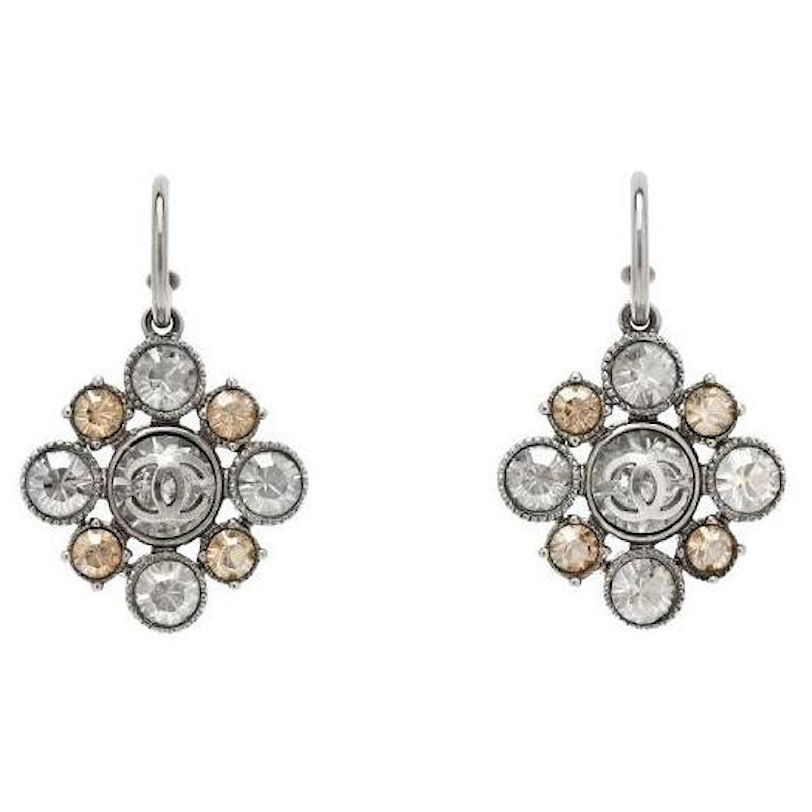 NIB Chanel Classic Crystal CC Hoop Dangle Drop Earrings Silvery ...