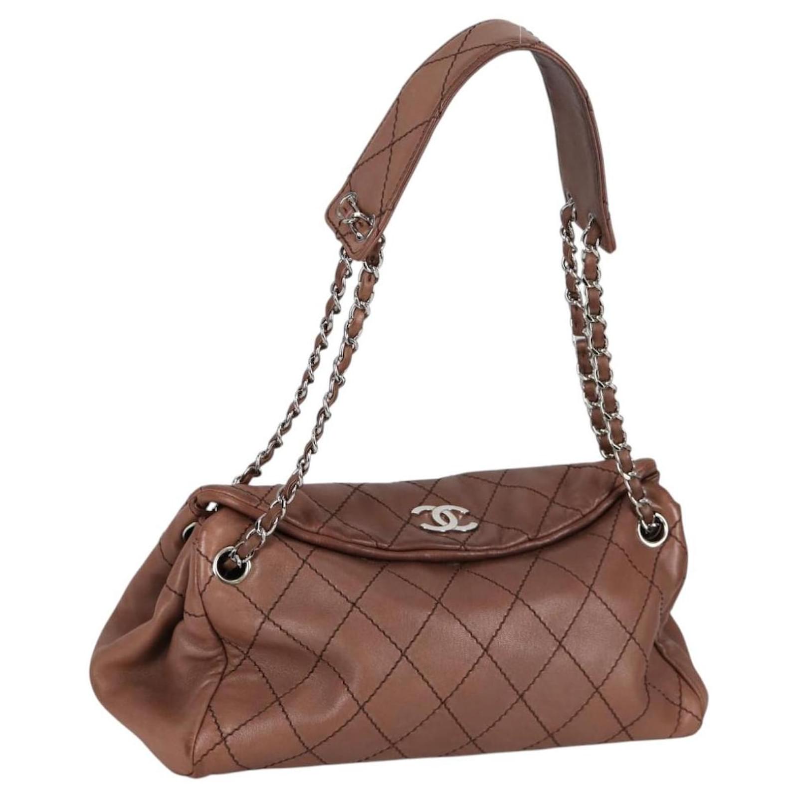 CHANEL COCO Mark Wild Stitch Chain Bag Lamb Skin Brown Silver CC Auth ...