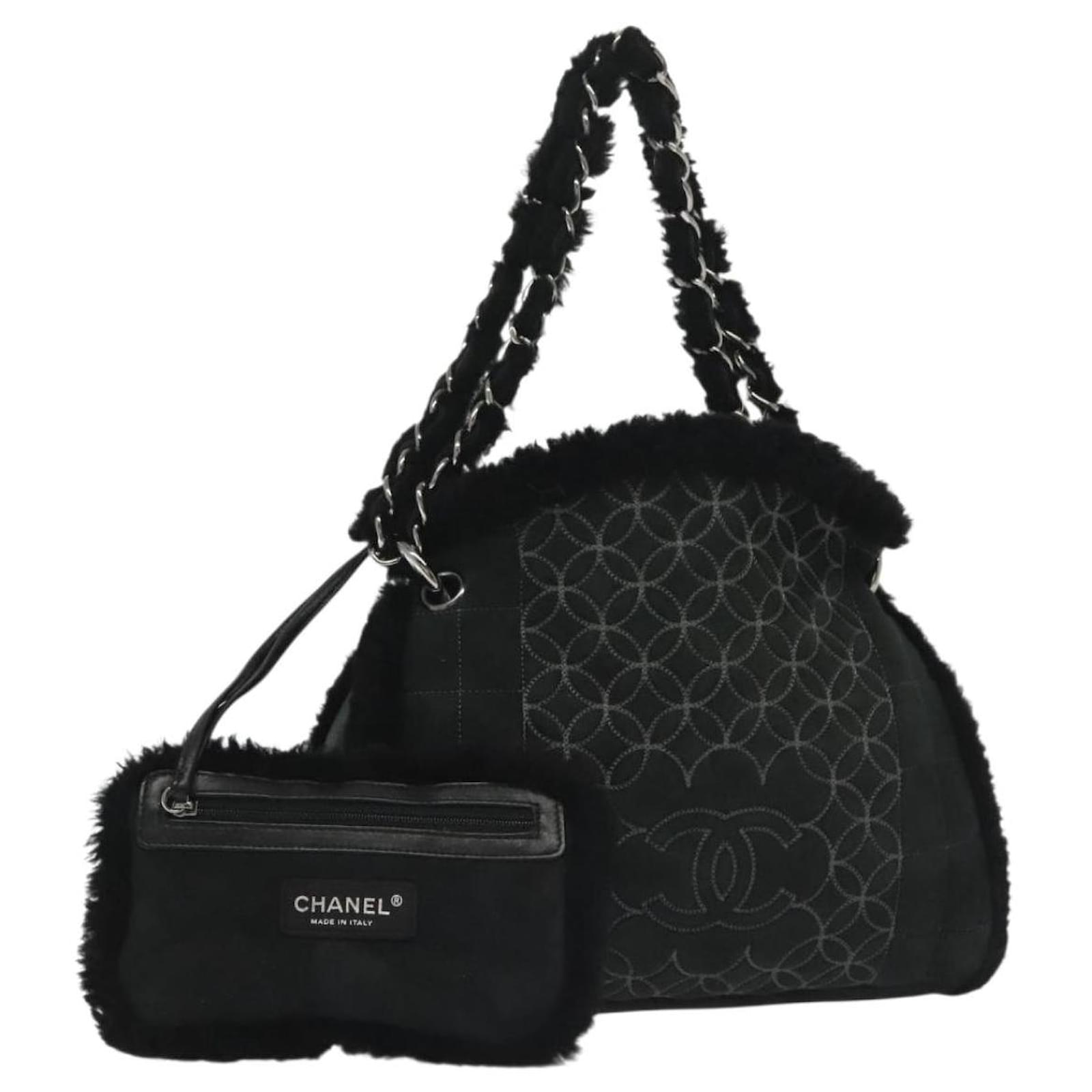 CHANEL Chain Choco Bar Shoulder Bag Mouton Black Silver CC Auth 140140 ...