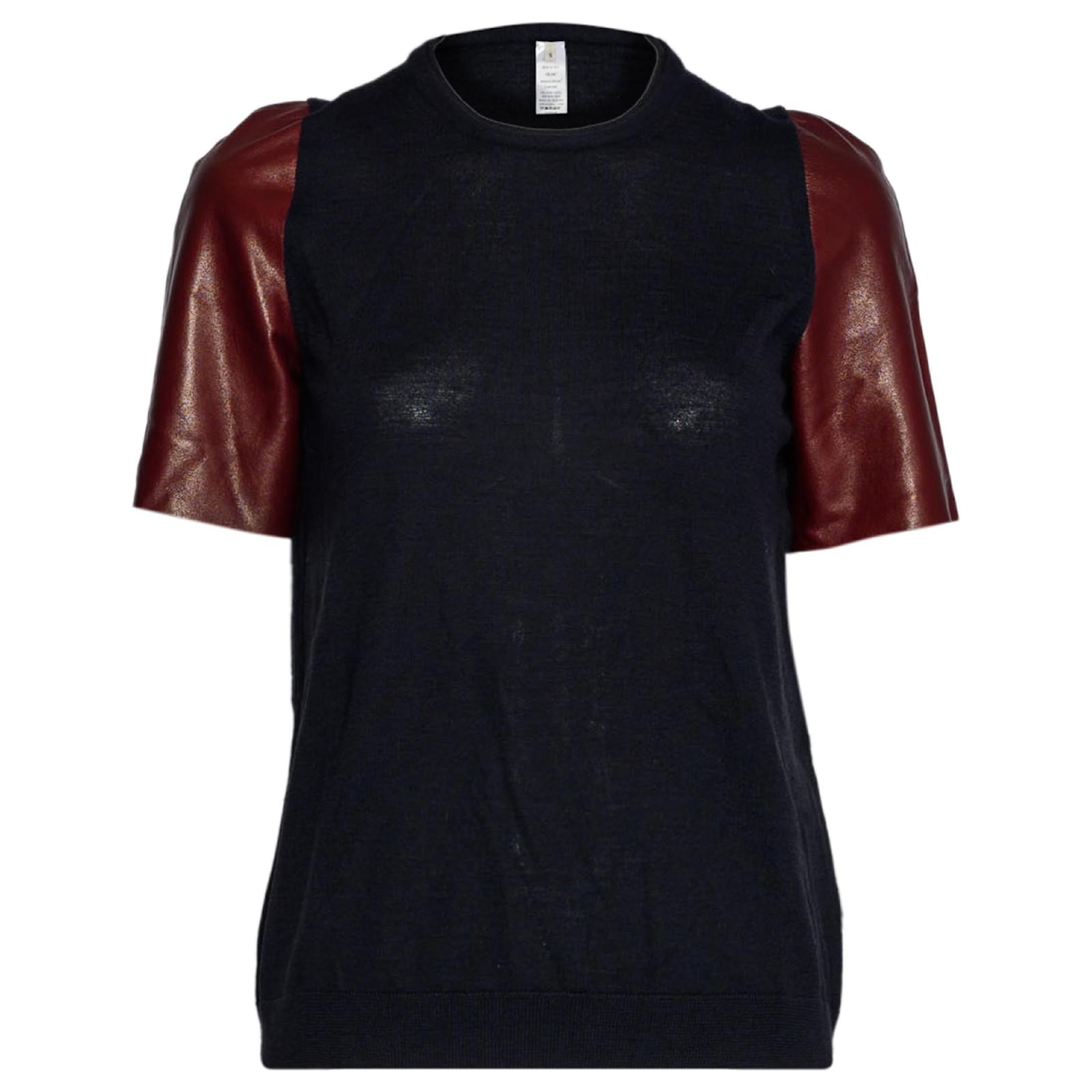 Céline CELINE Jumper with Leather Sleeves Blue Navy blue Wool ref ...