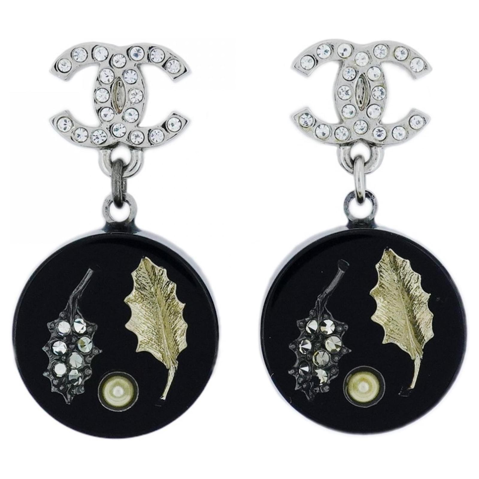 Chanel Coco Mark Circle Leaf Motif Metal Earrings Black Silvery ref ...