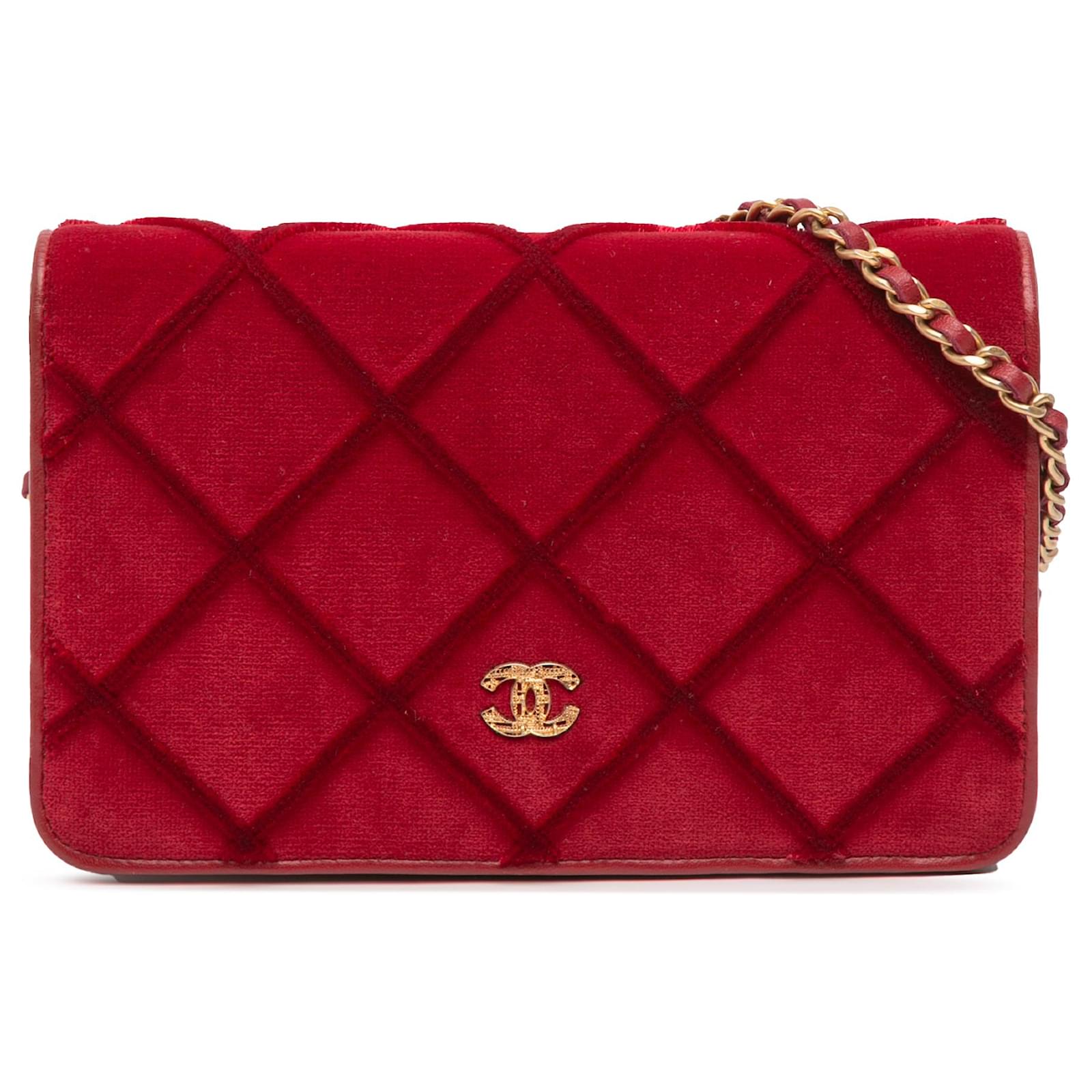 Chanel Red CC Quilted Velvet Wallet on Chain (Sold) - Joli Closet