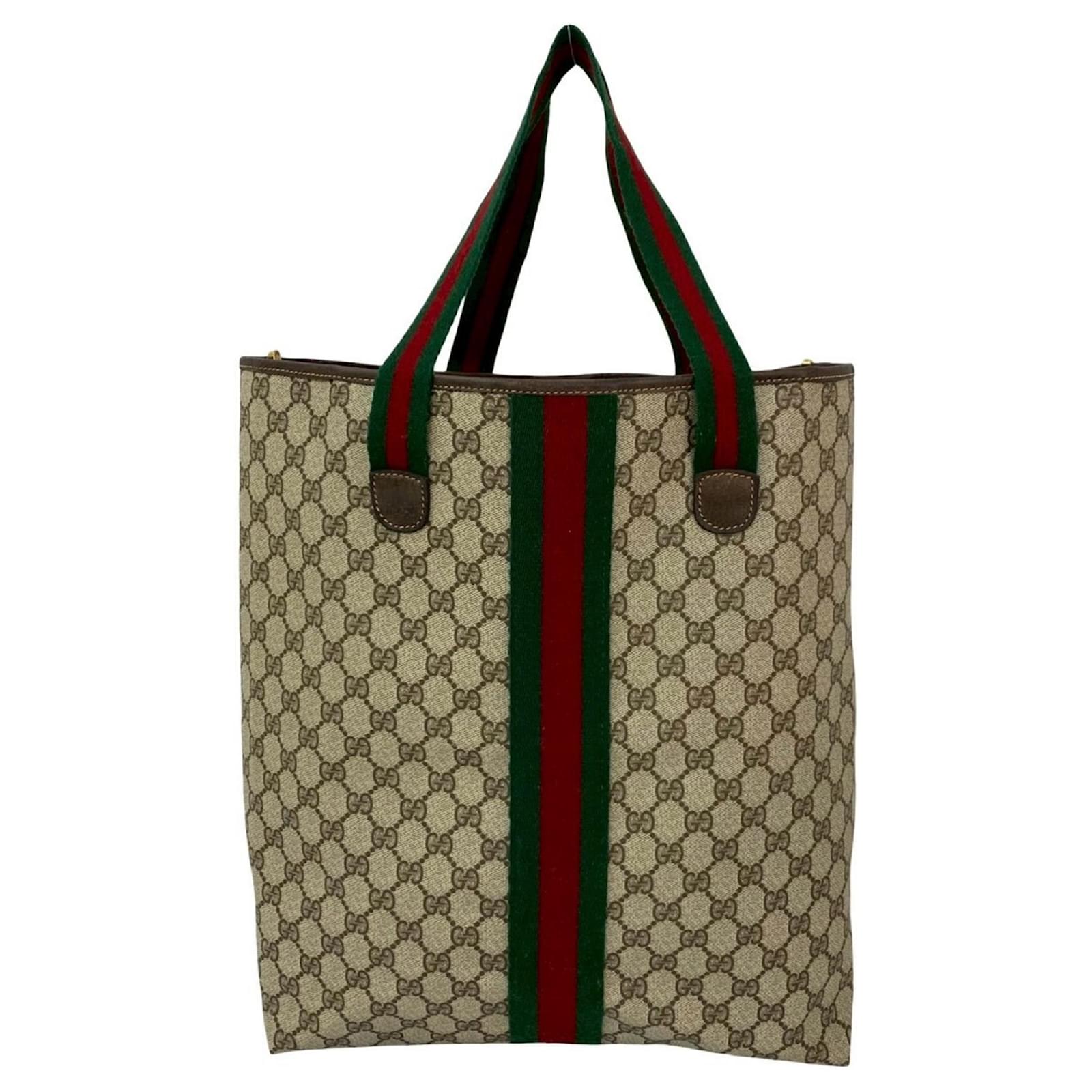 Gucci Vintage Sherry Line GG Logo Leather Tote Bag Brown Red Green ...