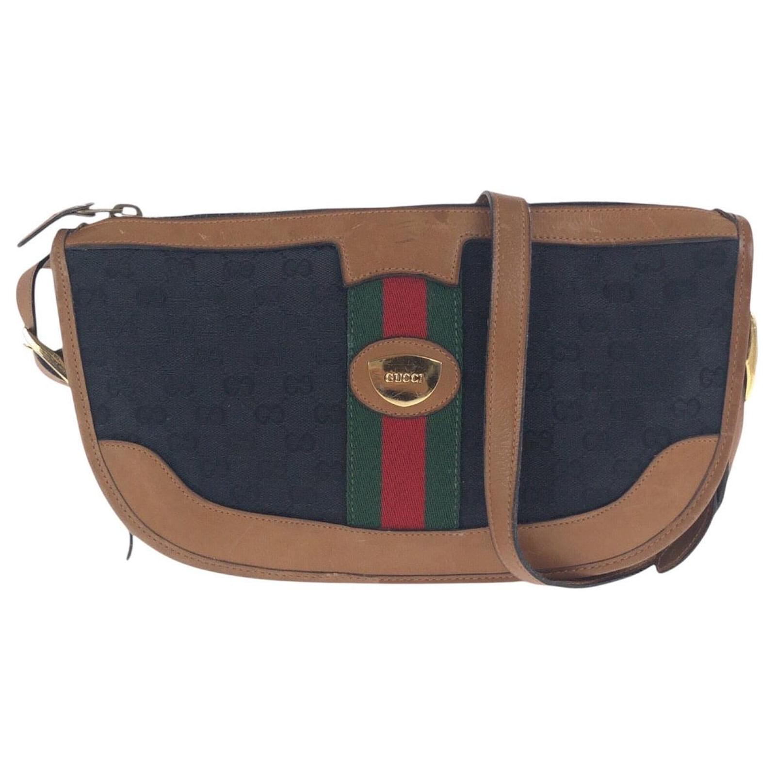 Gucci Old Gucci GG Canvas Leather Shoulder Bag Brown Black Golden Cloth ...