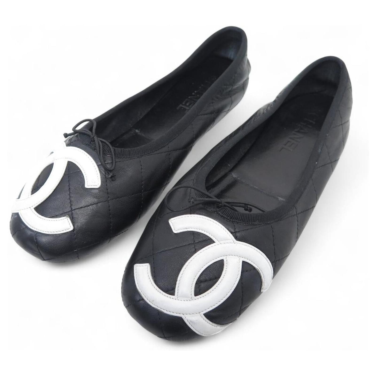 CHANEL CAMBON LOGO CC BALLET FLATS 40 QUILTED LEATHER BLACK SHOES ref ...