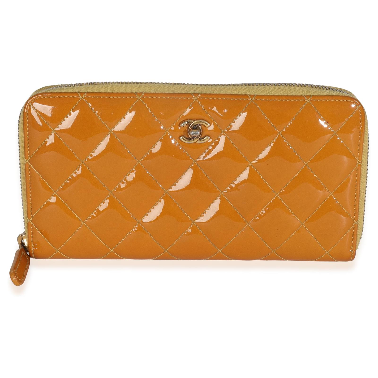 Chanel Yellow Quilted Patent Brilliant Zip Around Wallet White gold ...