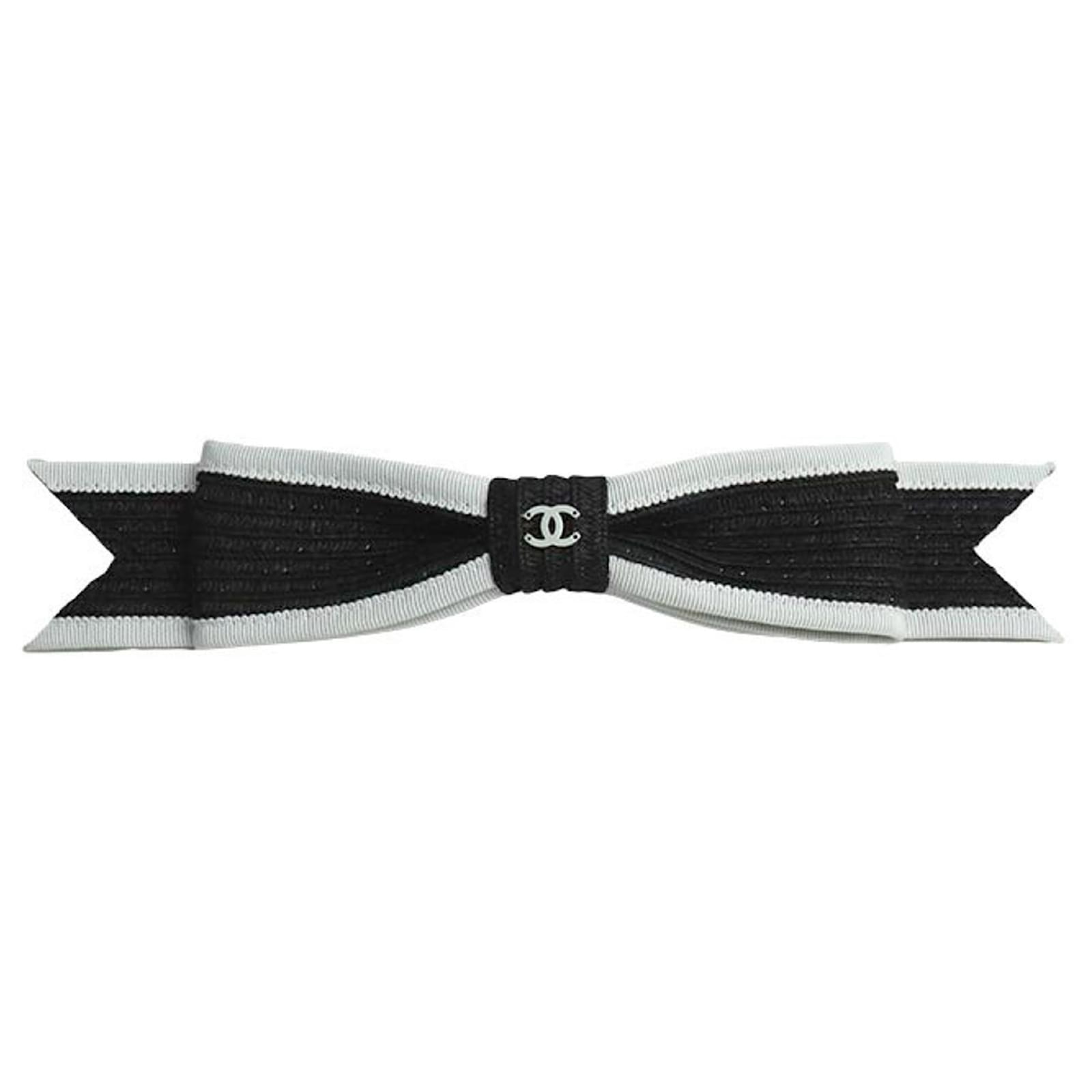 Chanel Metal Fabric Straw Coco Mark Ribbon Hair Barrette Black White ...