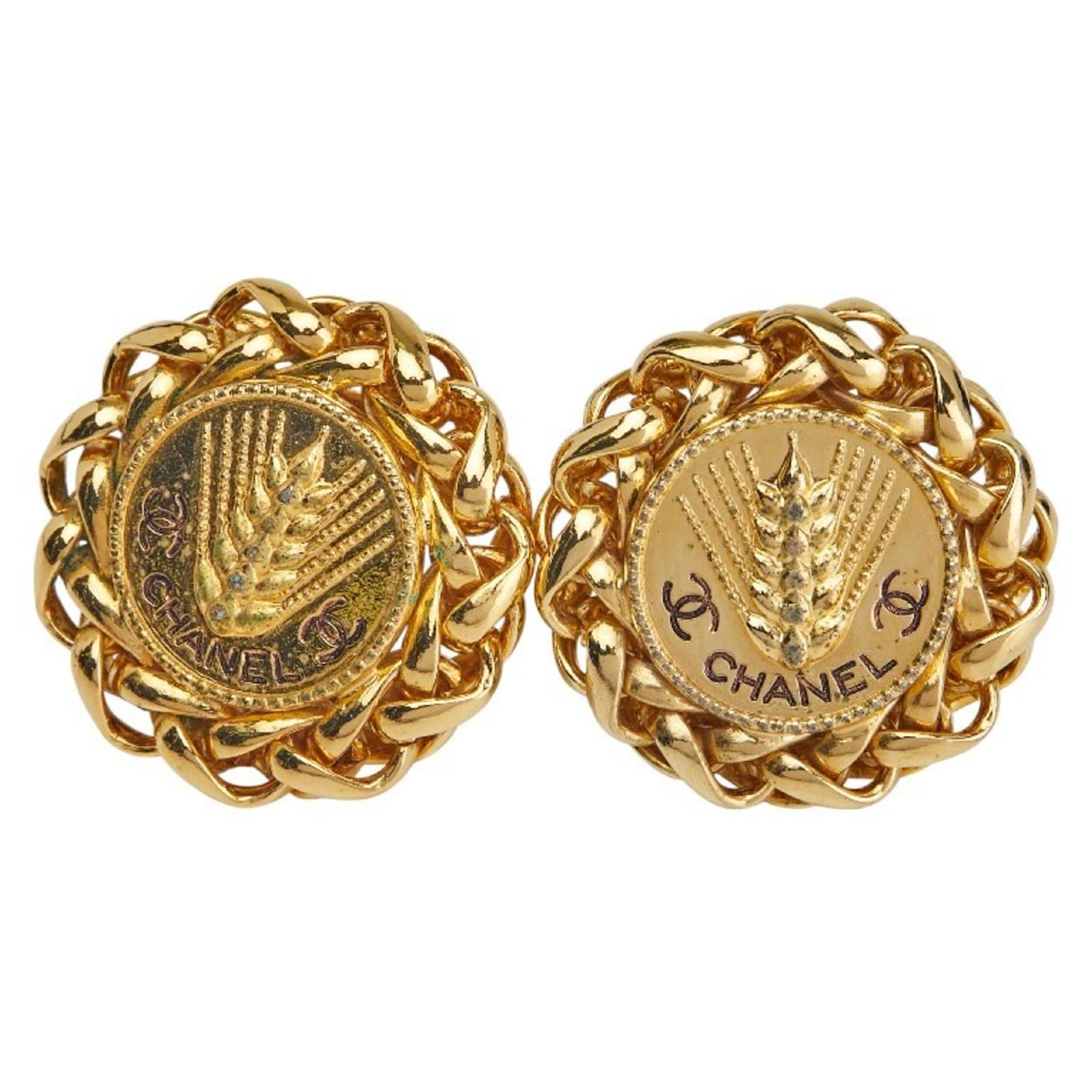 Chanel Coco Mark Round Wheat and Rice Motif Clip Earrings Golden ref ...