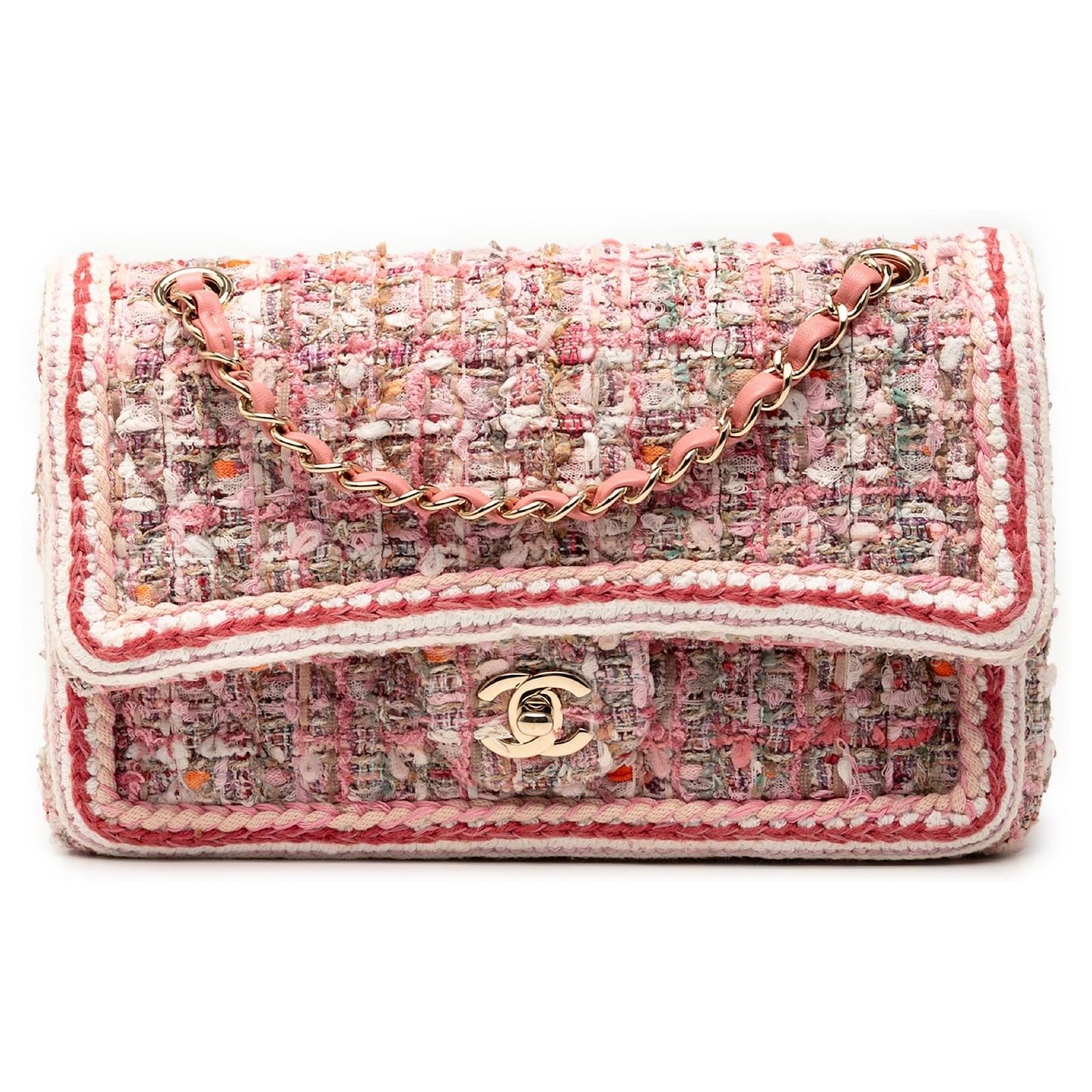 Chanel Pink Medium Classic Quilted Tweed Braided Double Flap Cloth ref ...