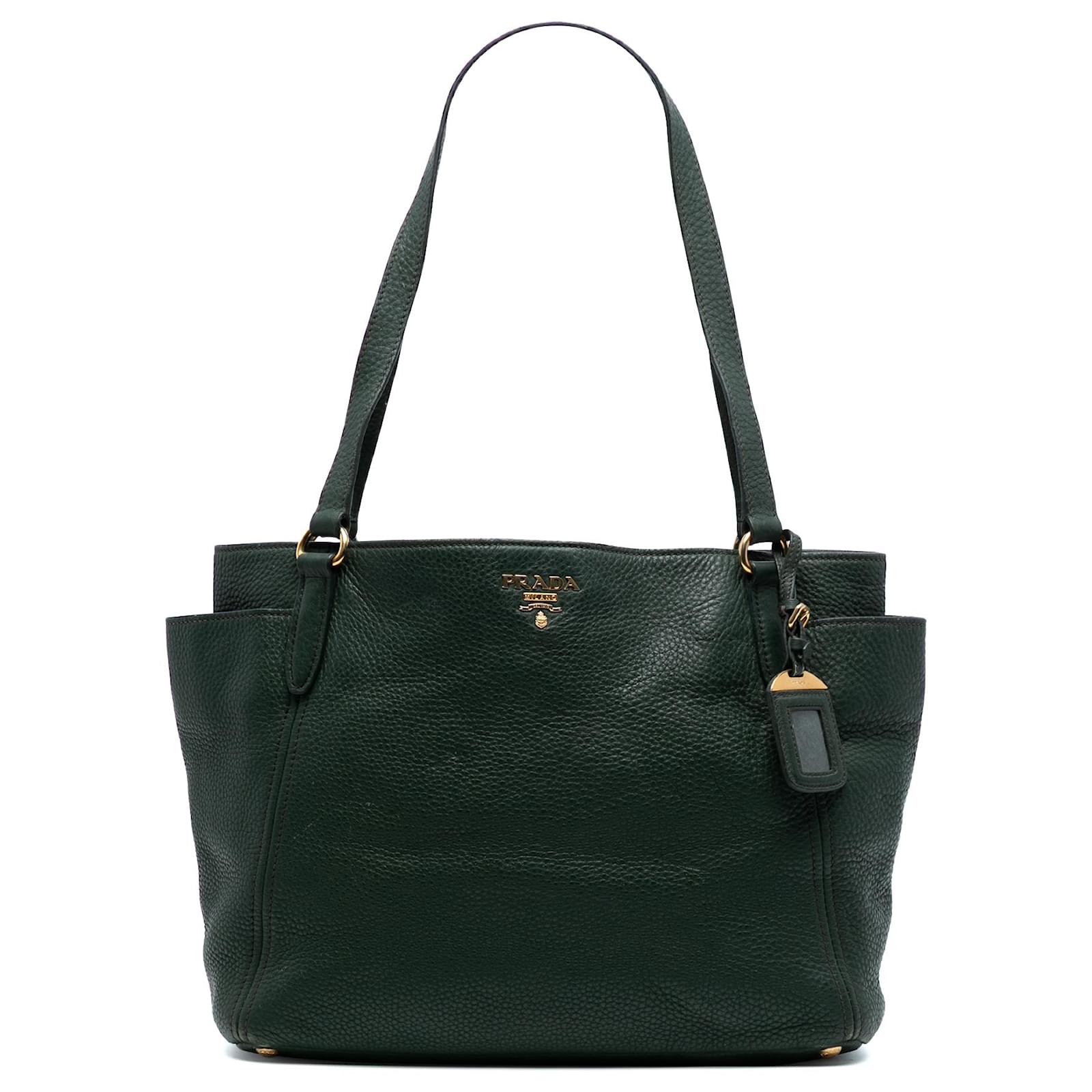 Prada Green Vitello Daino Double Pocket Tote Dark green Leather Pony ...