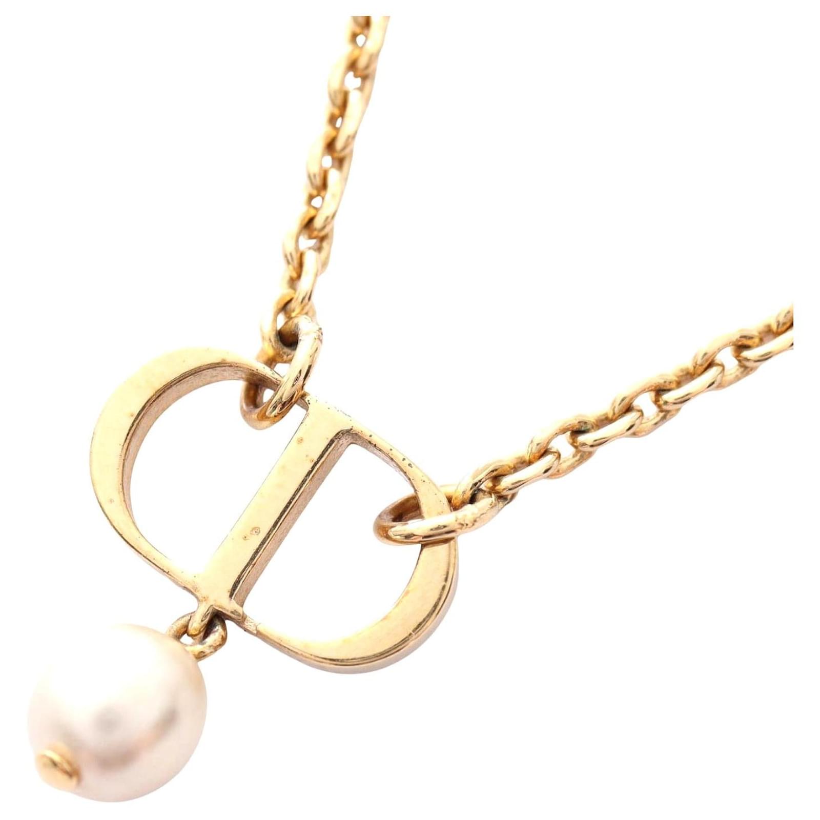Dior CD Logo Necklace Gold Plated Faux Pearl Golden Metallic Metal ref ...