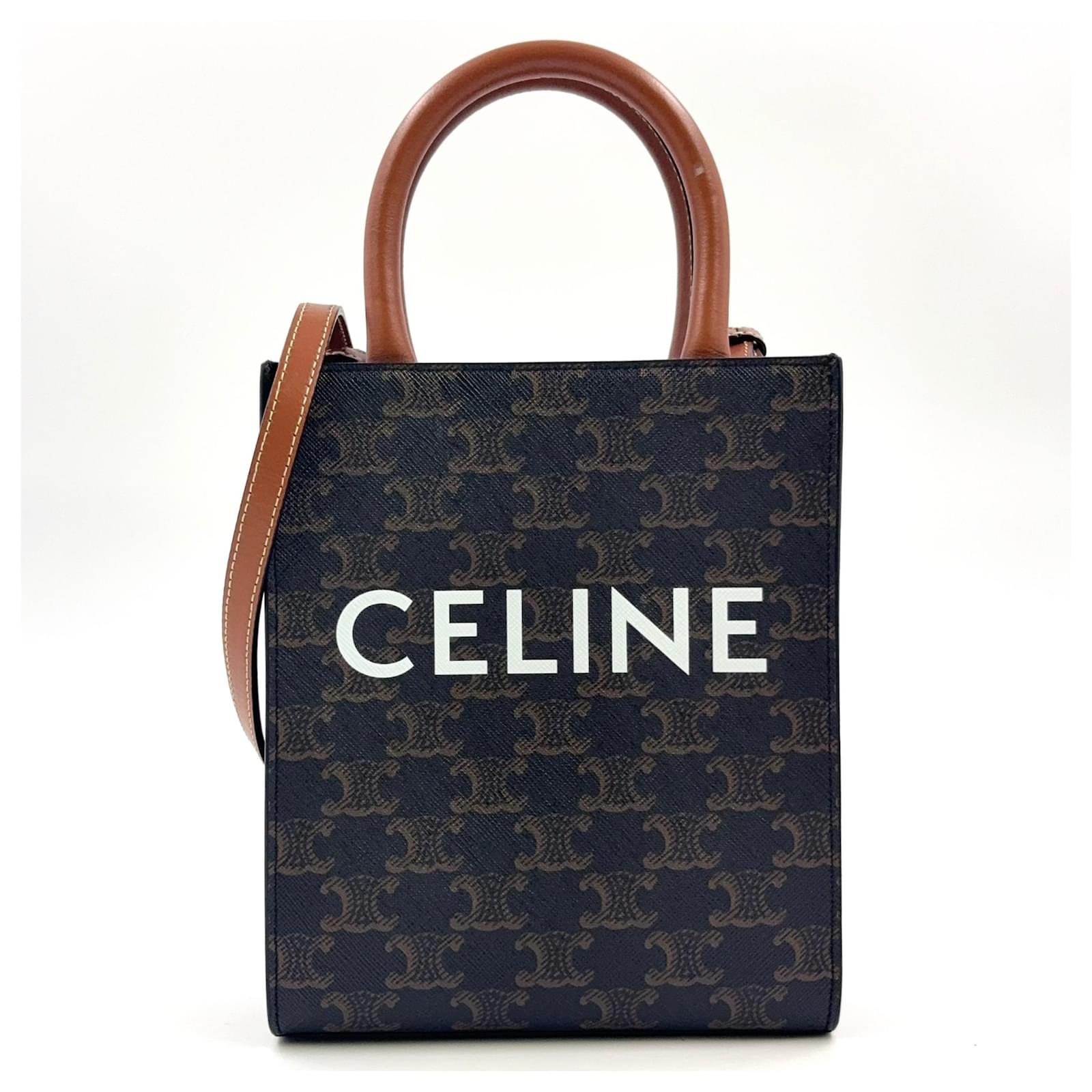 Céline CELINE Triomphe Mini Vertical 2WAY Handbag Brown Cloth ref ...