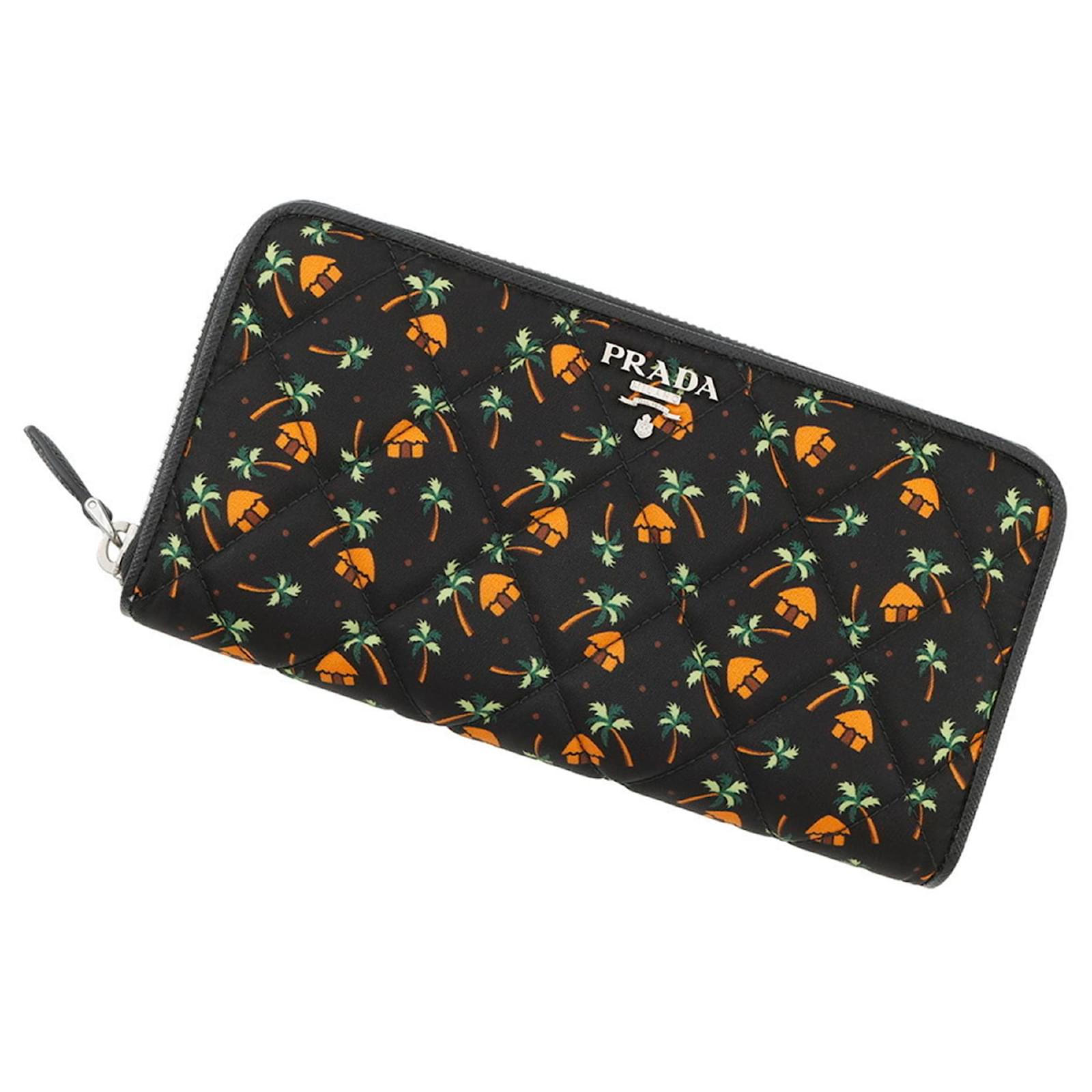Prada Quilted Round Long Wallet with Palm Tree Design Black Orange ...