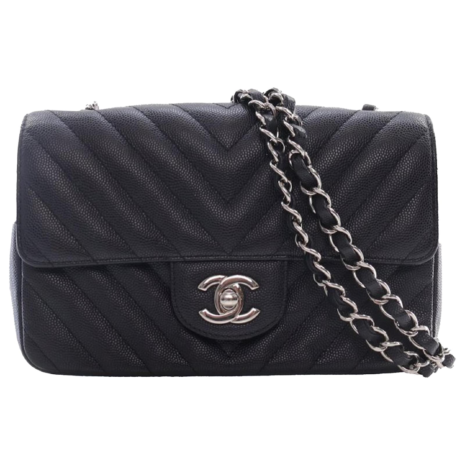 Chanel Black Mini Rectangular Classic Chevron Caviar Single Flap ...