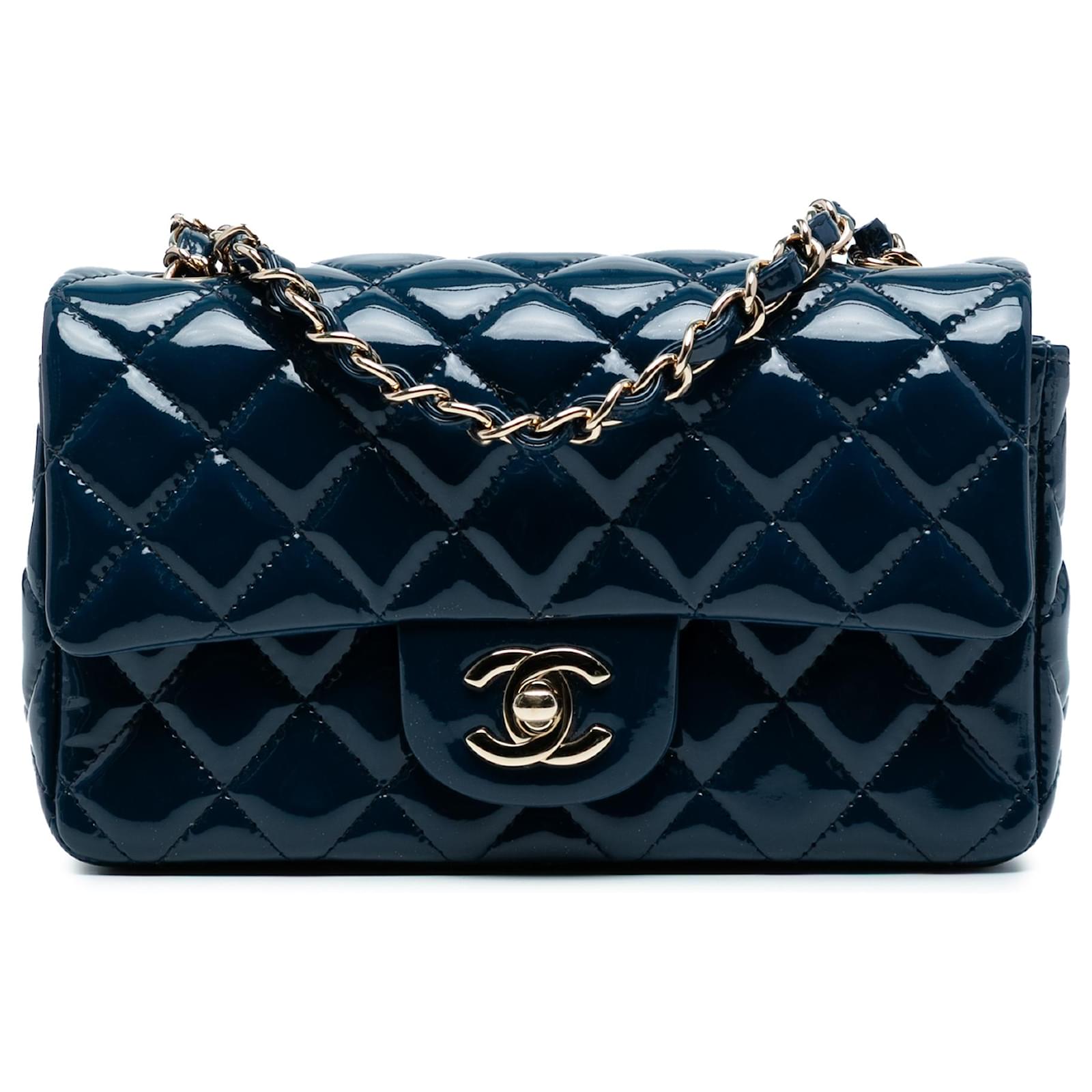 Chanel Blue Mini Rectangular Classic Patent Single Flap Navy blue ...