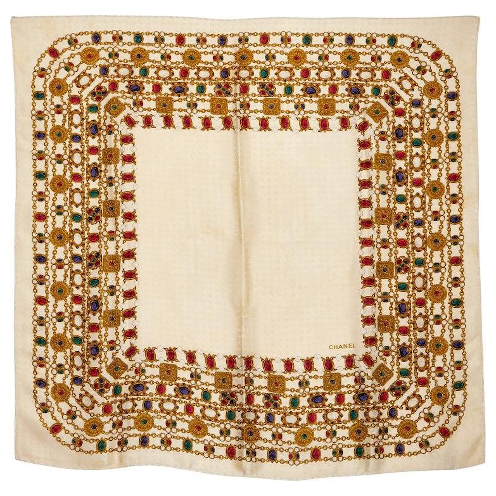 Timeless Chanel Jewelry Pattern Silk Scarf Brown Beige ref.2581992 ...