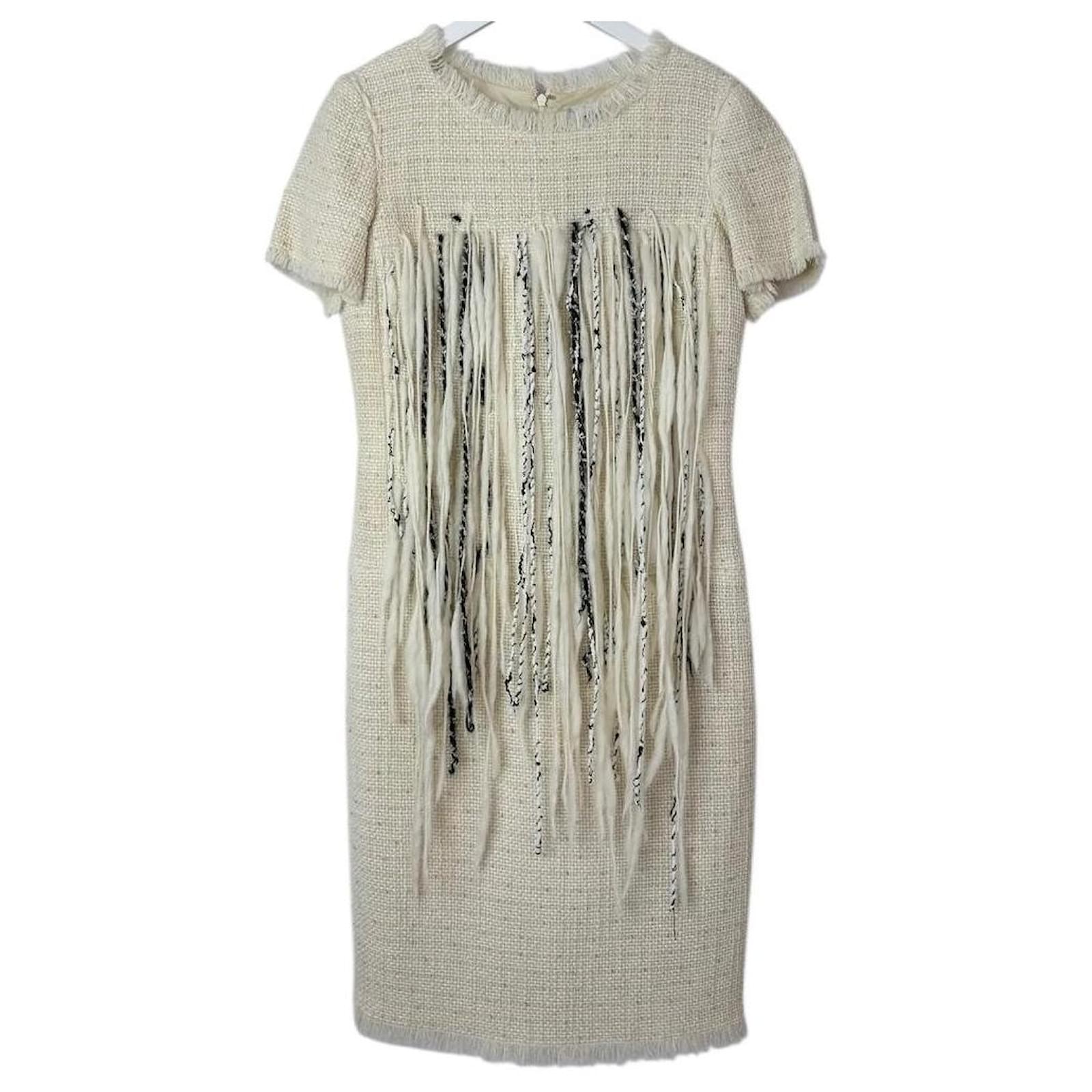Chanel 10A ‘Arctic Ice’ Micro Pearl Beaded Fringe Ivory Tweed Shift ...