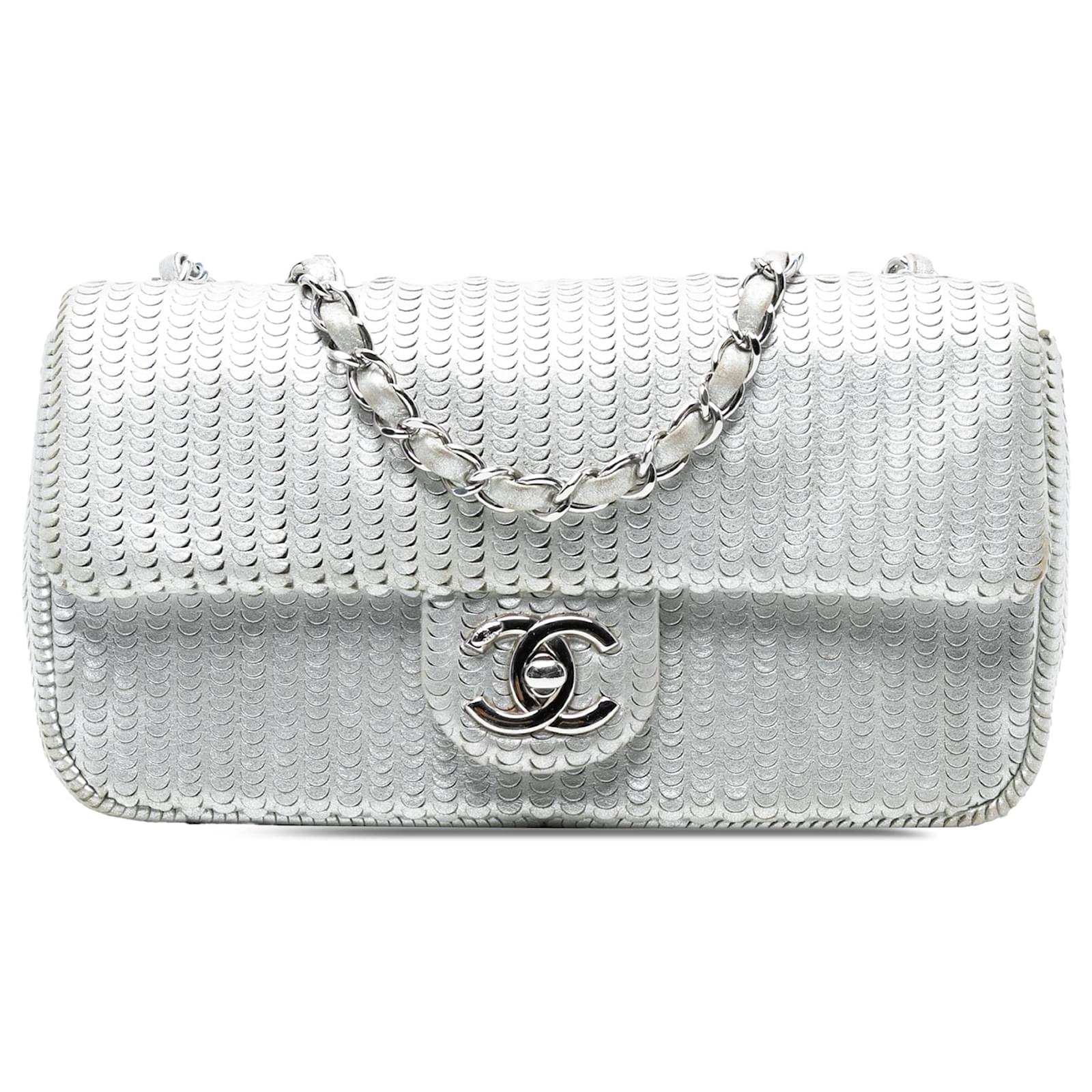 Chanel Silver Small Metallic Lambskin Laser Cut Flap Silvery Leather ...