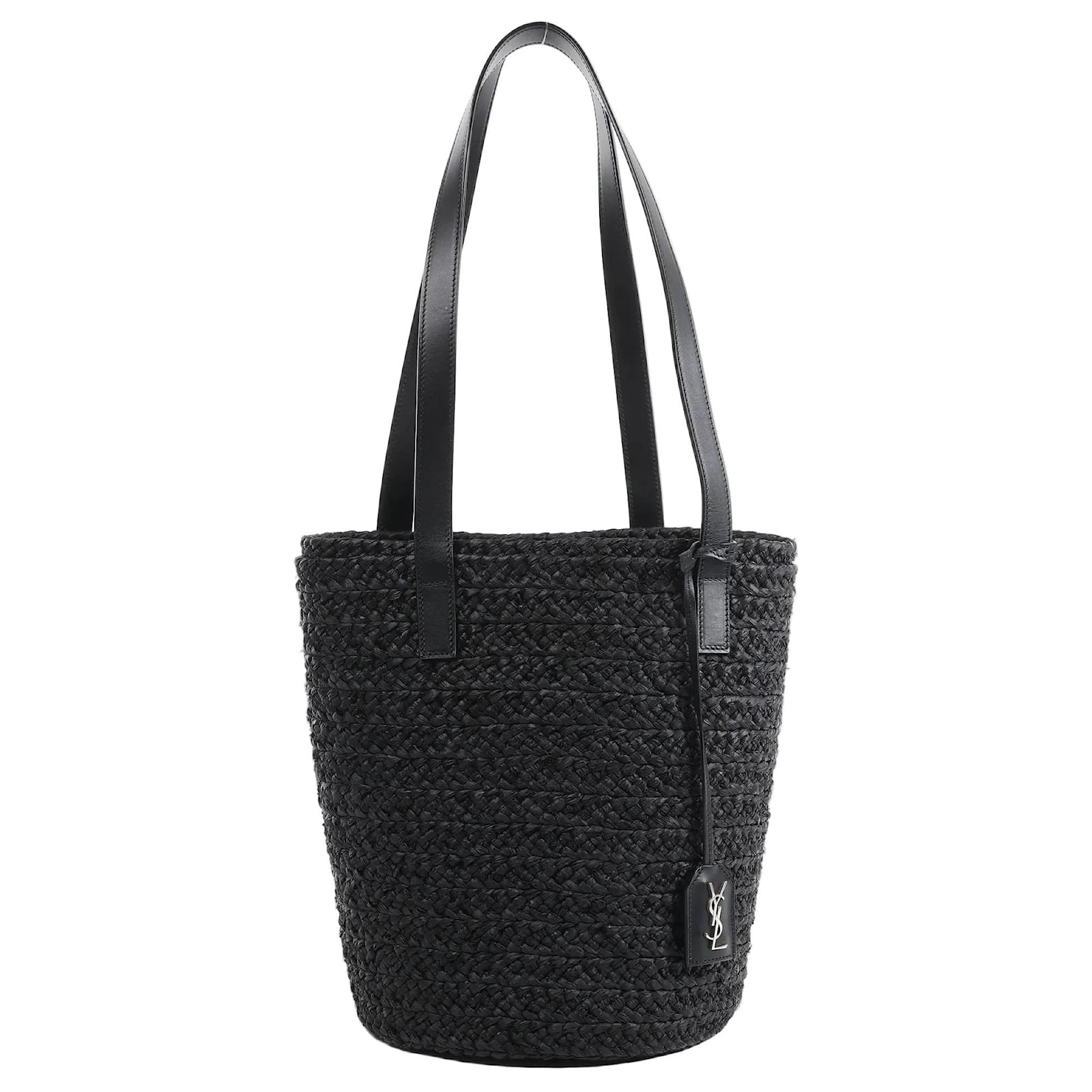 Saint Laurent Paris Panier Small Raffia x Leather Shoulder Bag in Black ...