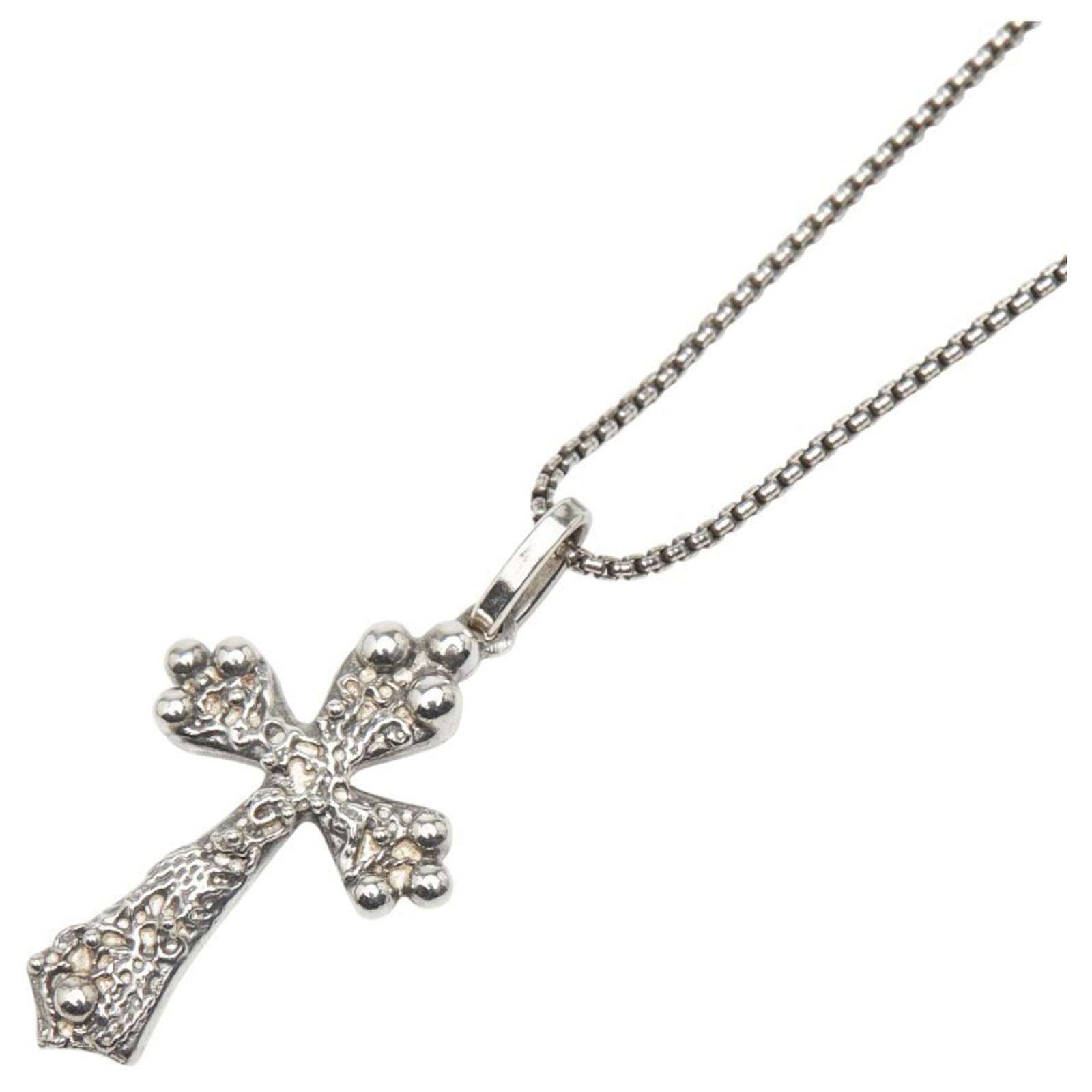 Yves Saint Laurent Silver Cross Motif Necklace Silvery Metal ref ...