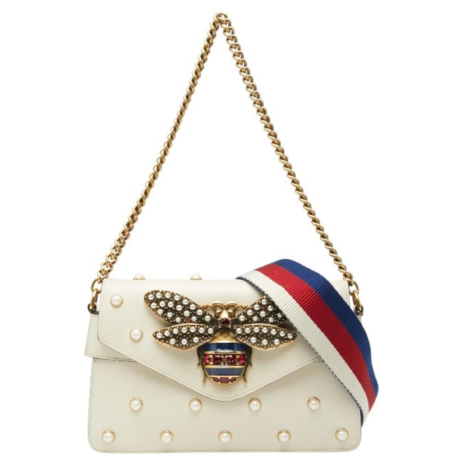 Gucci Broadway Pearl & Bee Chain Shoulder Bag White Golden Leather ref ...