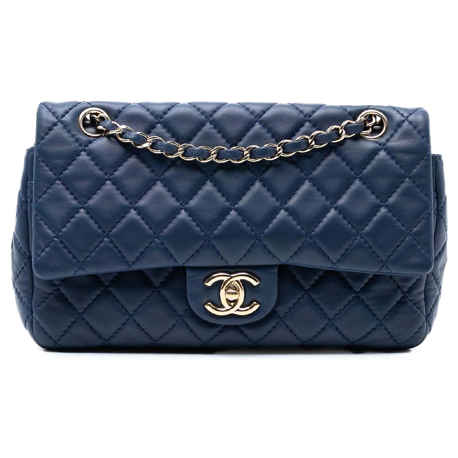 Chanel Blue Medium Classic Lambskin Double Flap Dark blue Leather ref ...