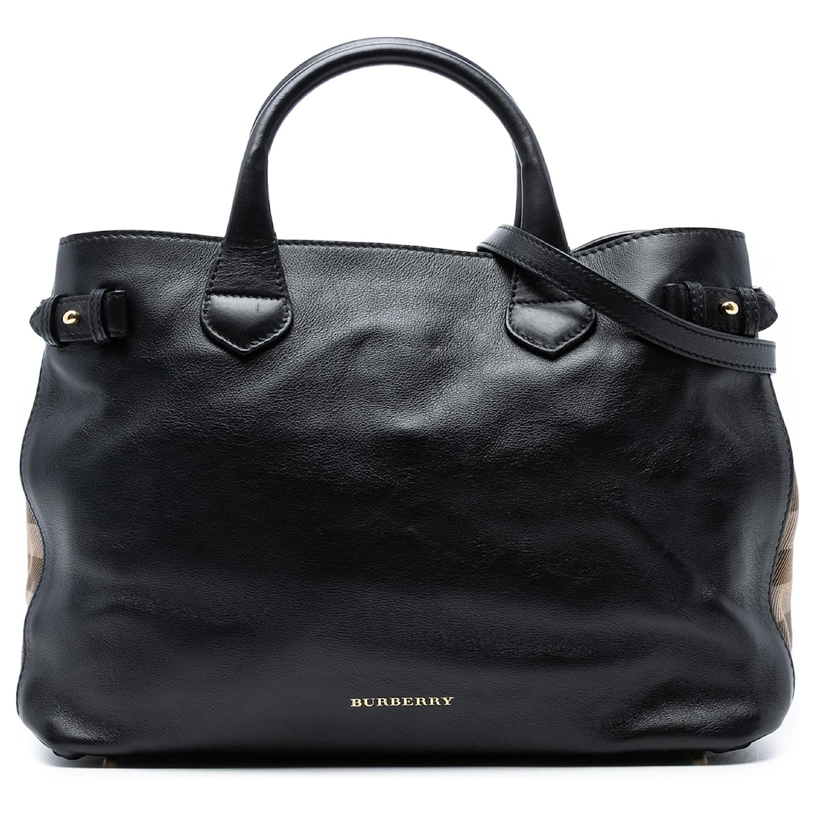 Burberry Black Medium Leather and House Check Banner Satchel Pony-style ...