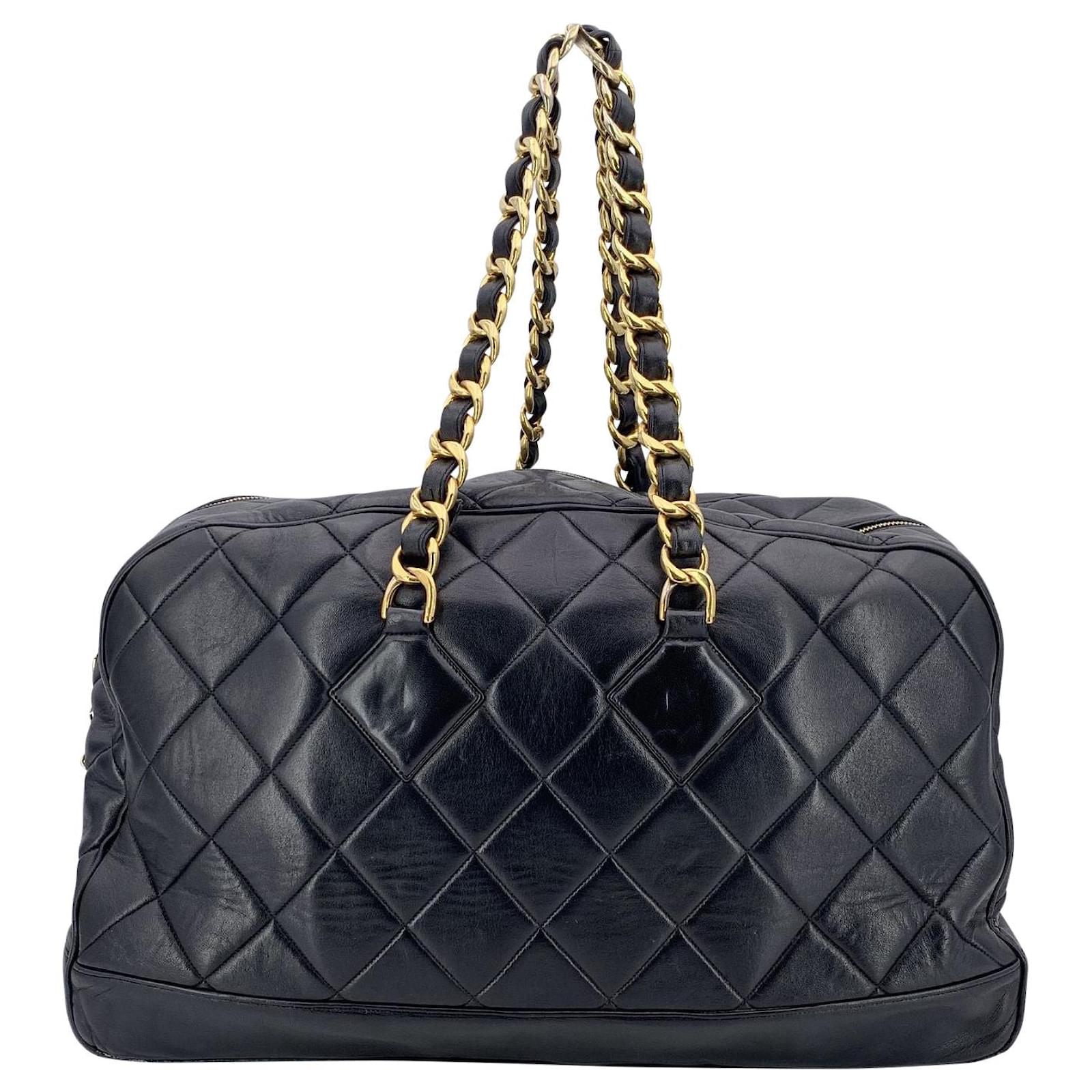 Timeless Chanel Vintage Black Quilted Leather Bowler Travel Weekender ...