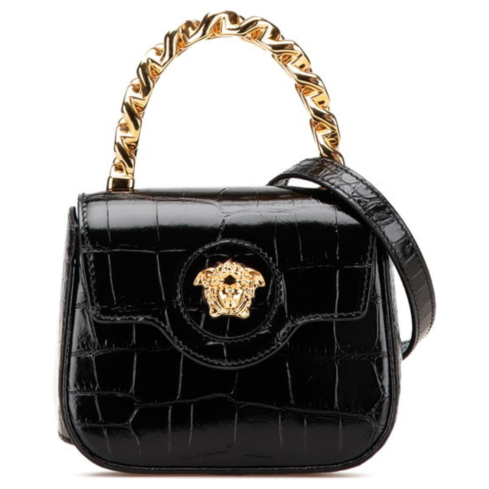 Versace Medusa Crocodile Embossed Handbag Black Golden Leather ref ...