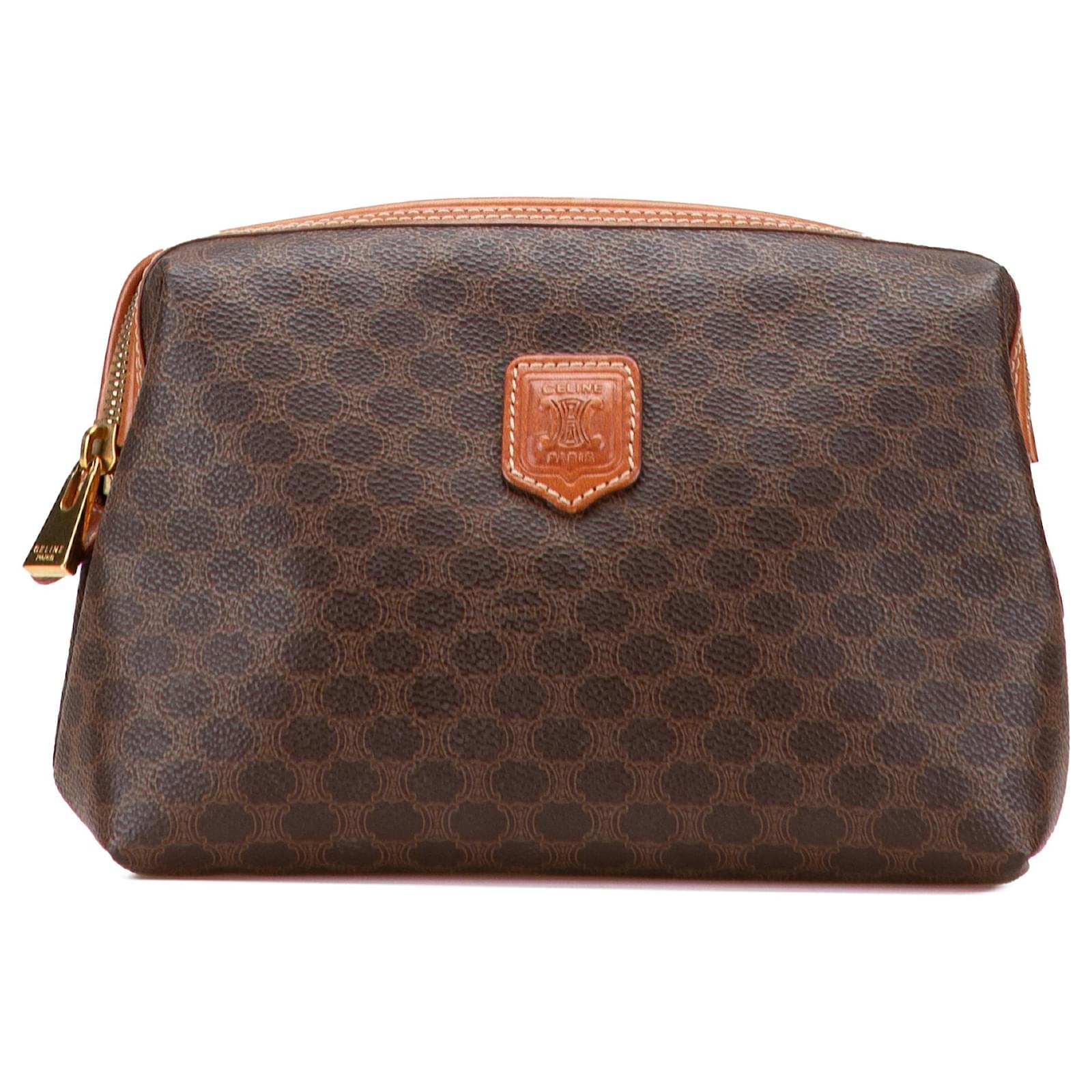 Céline Celine Brown Macadam Coated Canvas Pouch Pony-style calfskin ...