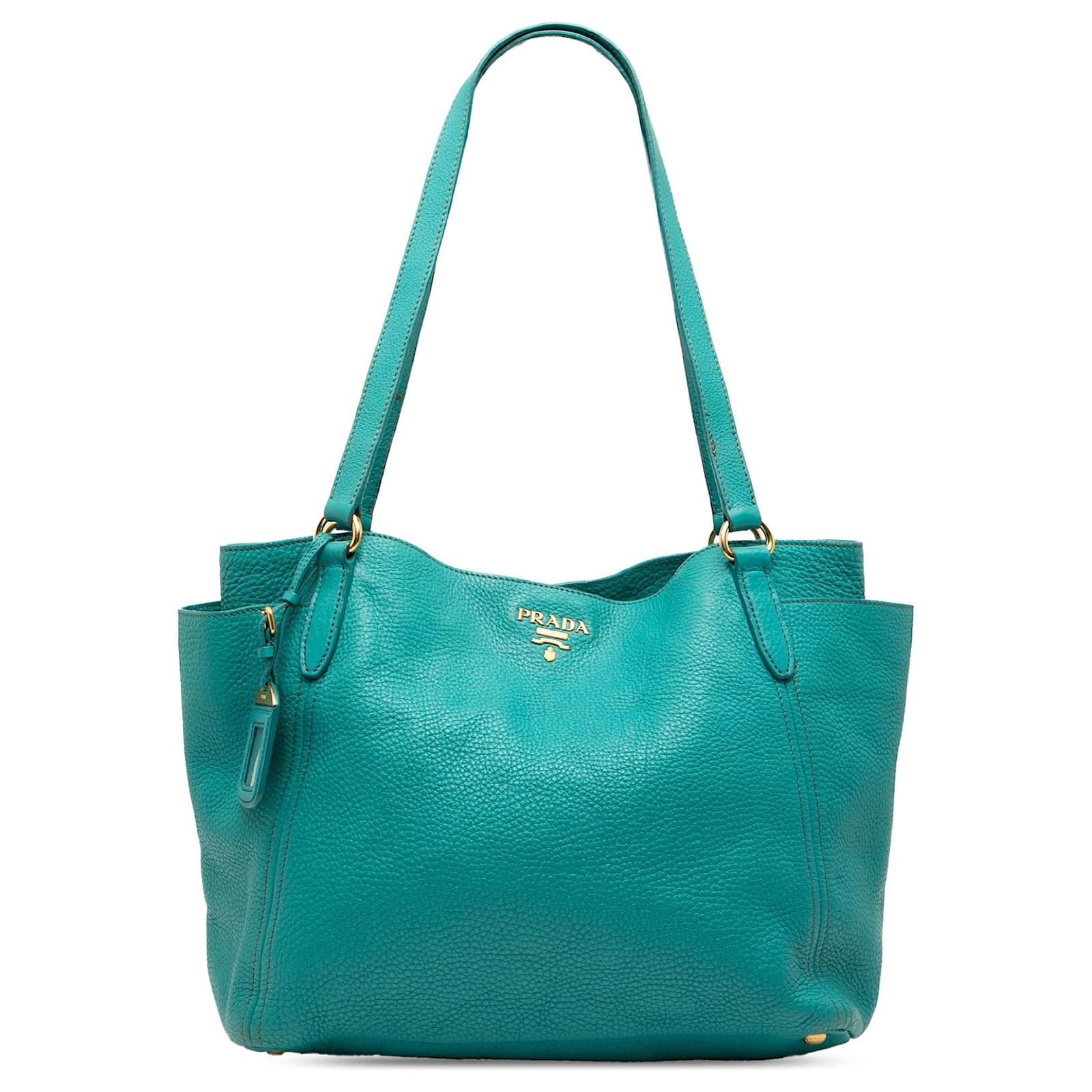 Prada Blue Vitello Daino Side Pocket Tote Turquoise Leather Pony-style ...