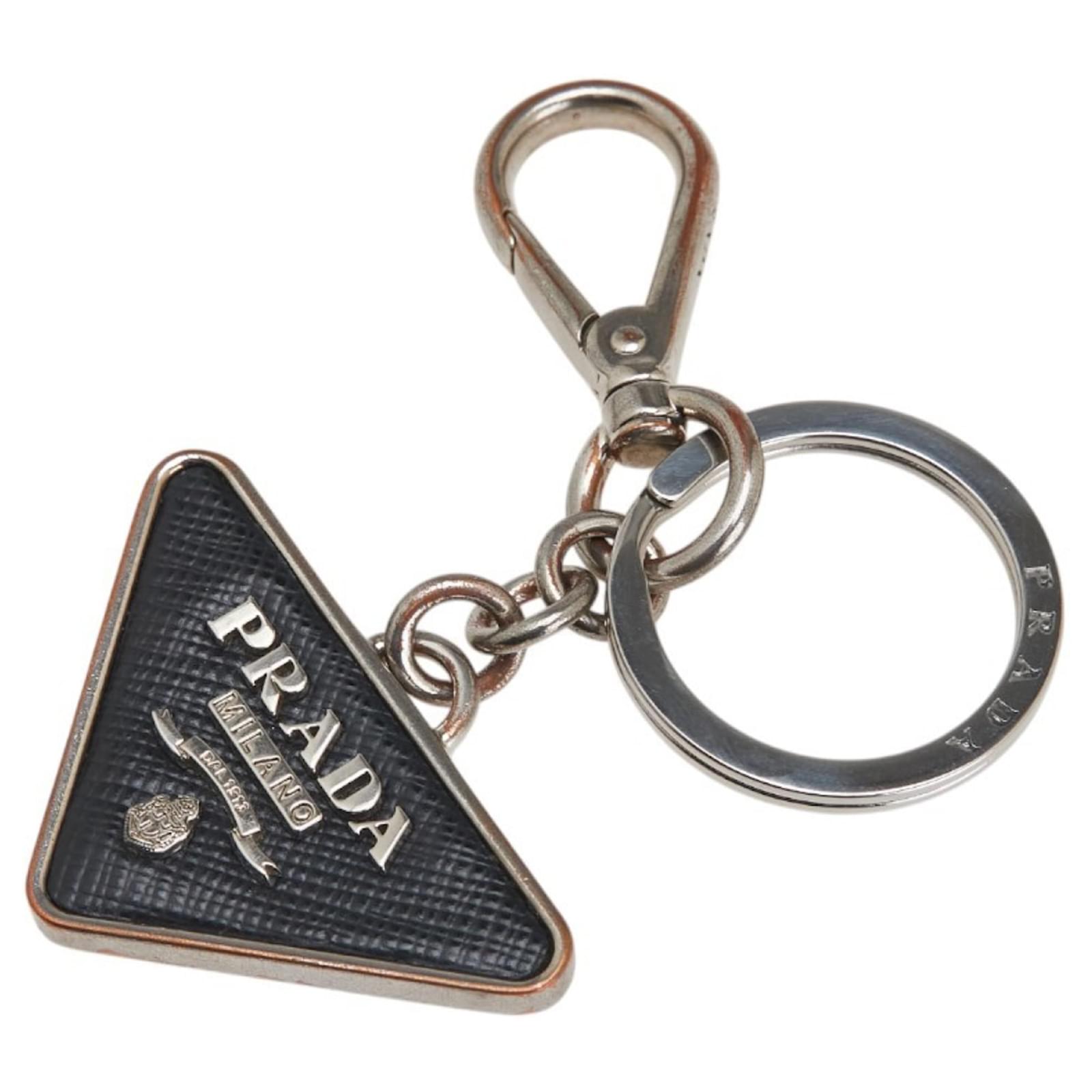 Prada Triangle Logo Plate Key Ring Black Silvery Leather Metal ref ...