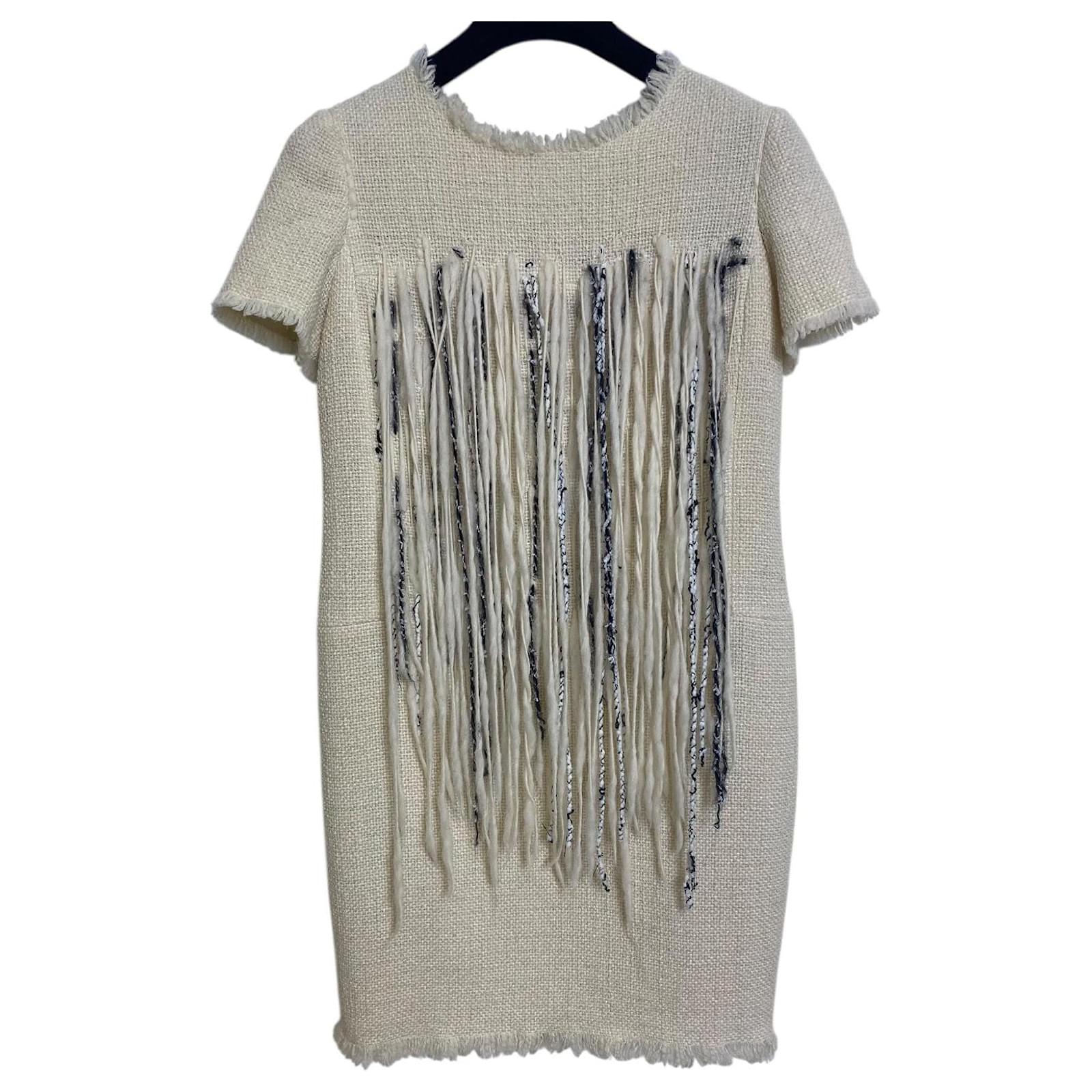 Chanel 10A ‘Arctic Ice’ Micro Pearl Beaded Fringe Ivory Tweed Shift ...