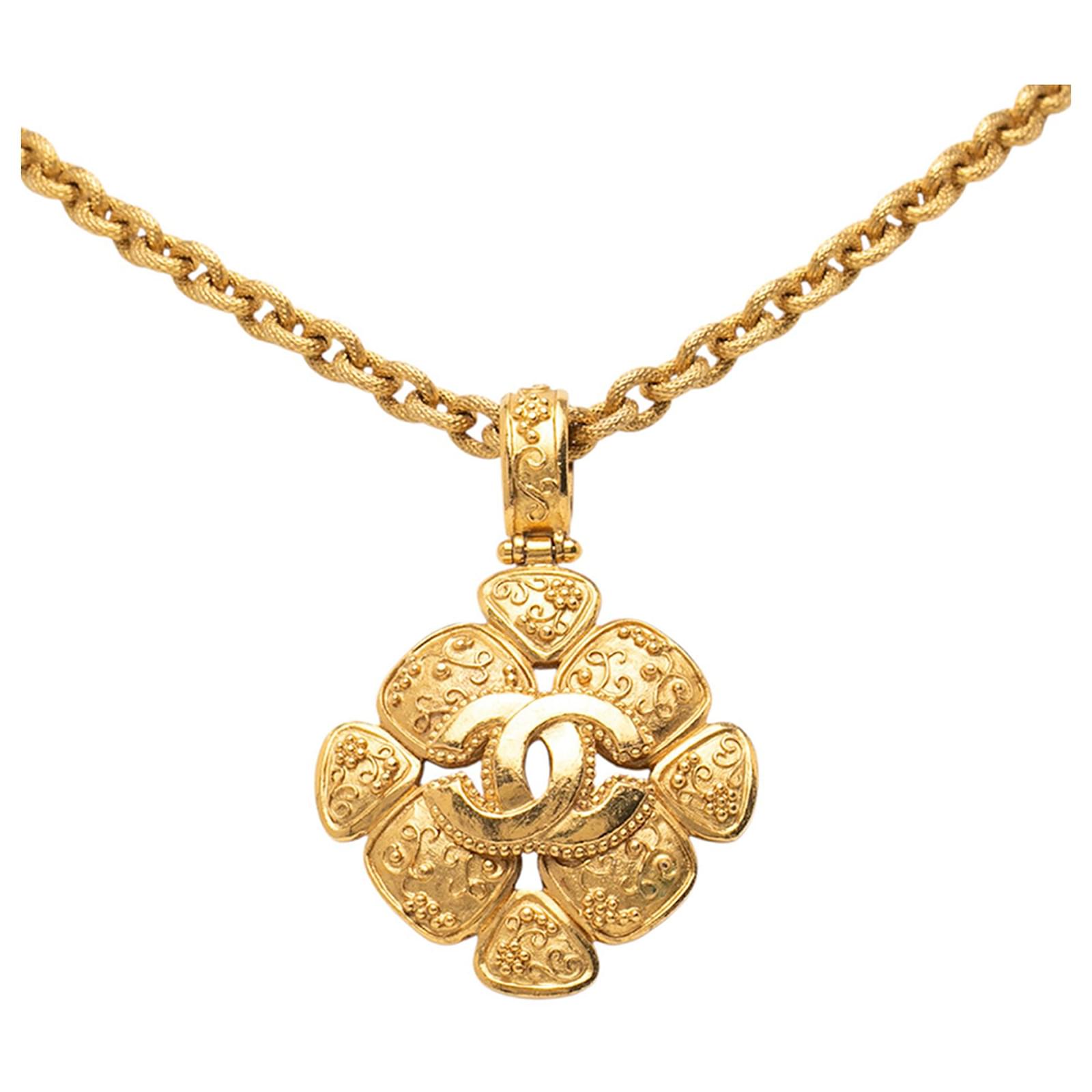 Chanel Gold Gold Plated CC Arabesque Clover Pendant Necklace Golden ...