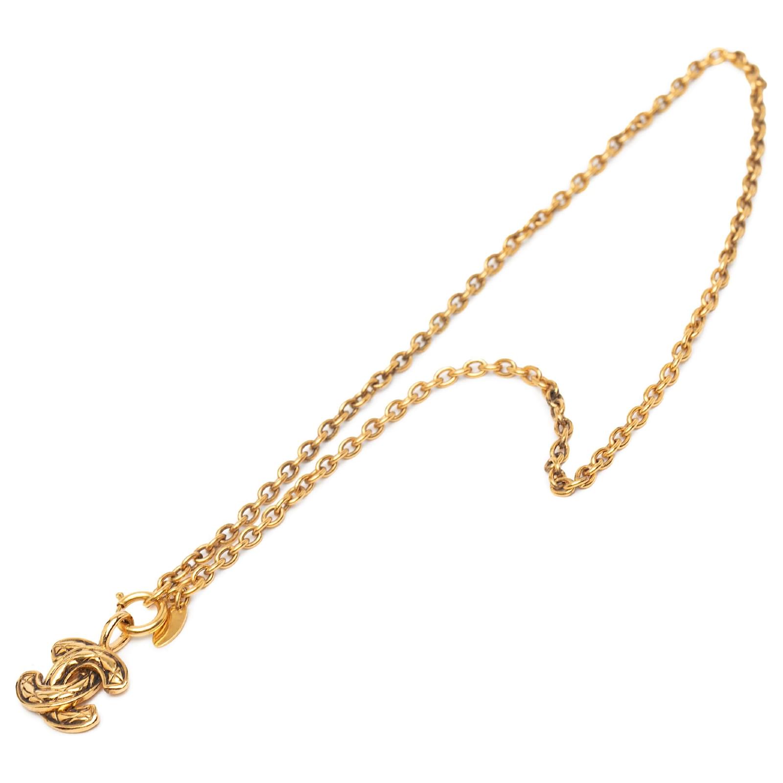 Chanel Gold Gold Plated Quilted CC Pendant Necklace Golden Metal Gold ...