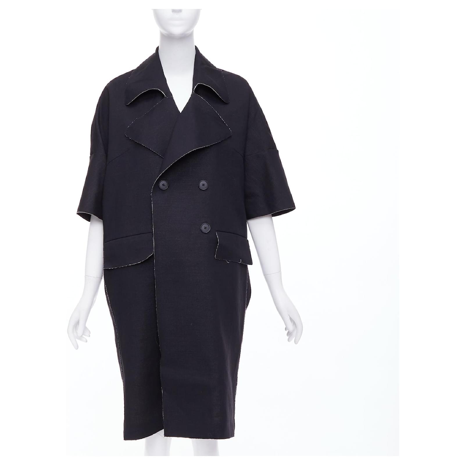 Marni Wool Linen Frayed Edge Double Breasted Long Coat Black ref ...