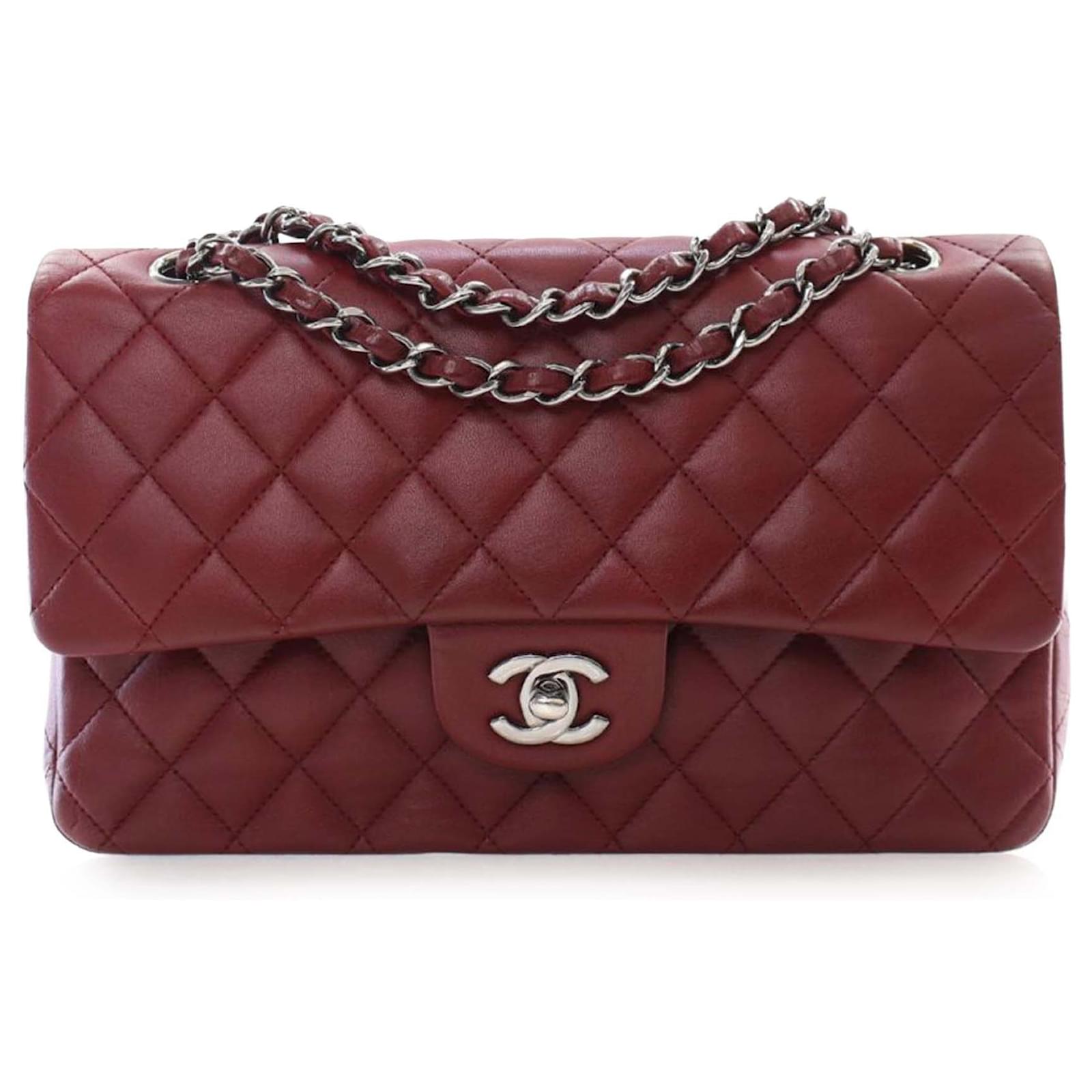 Chanel Red Medium Classic Lambskin Double Flap Dark red Leather ref ...