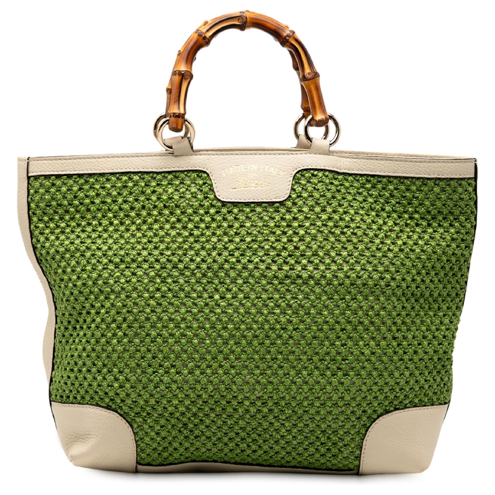 Gucci Green Large Raffia Bamboo Shopper Tote Pony-style calfskin ref ...