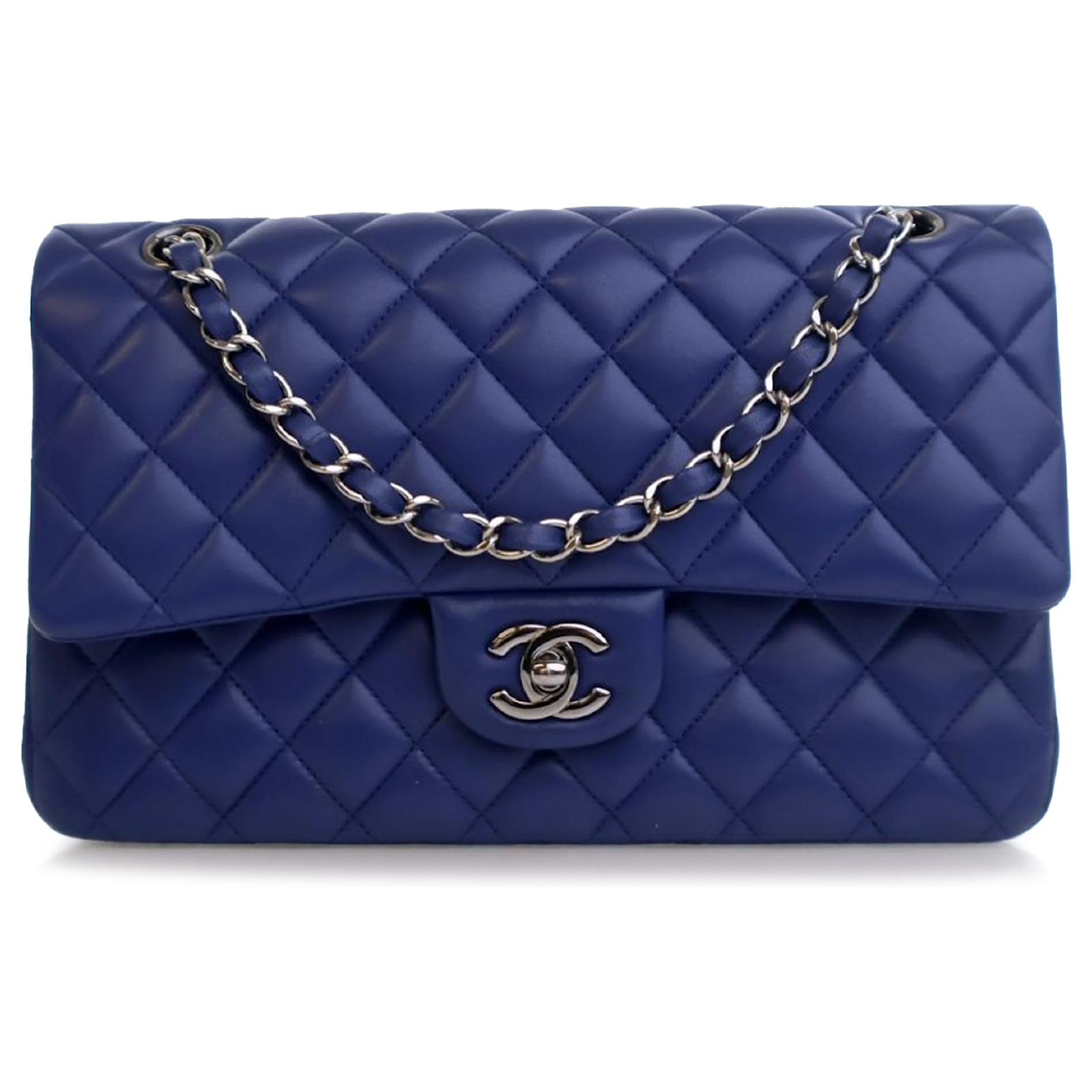 Chanel Blue Medium Classic Lambskin Double Flap Dark blue Leather ref ...