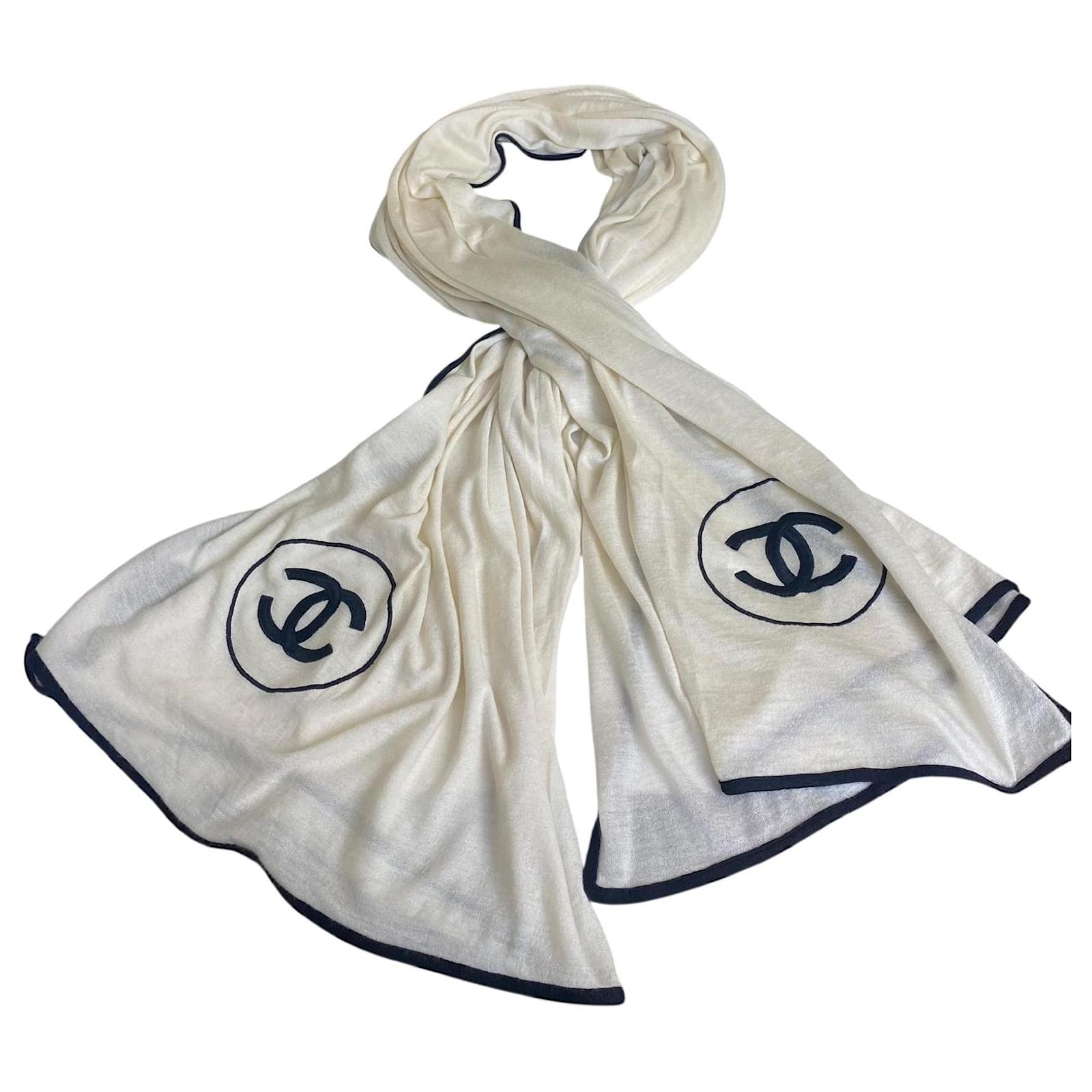 Chanel XL Ivory Black Cashmere Double CC Stole Shawl Scarf Beige Silk ...