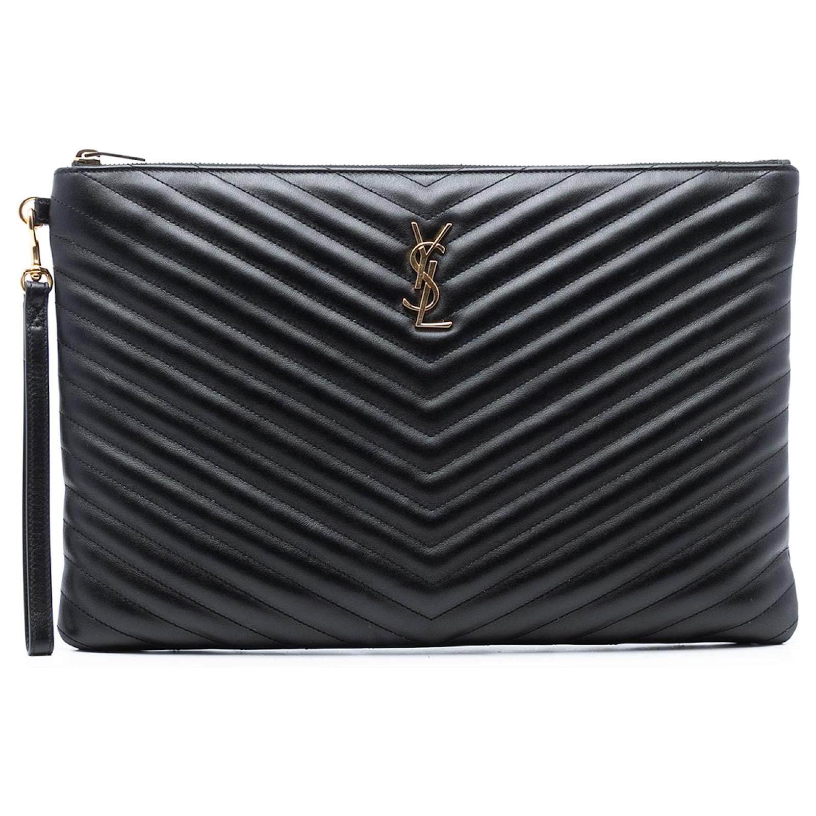 Saint Laurent Black Quilted Chevron Leather Monogram Document Holder ...