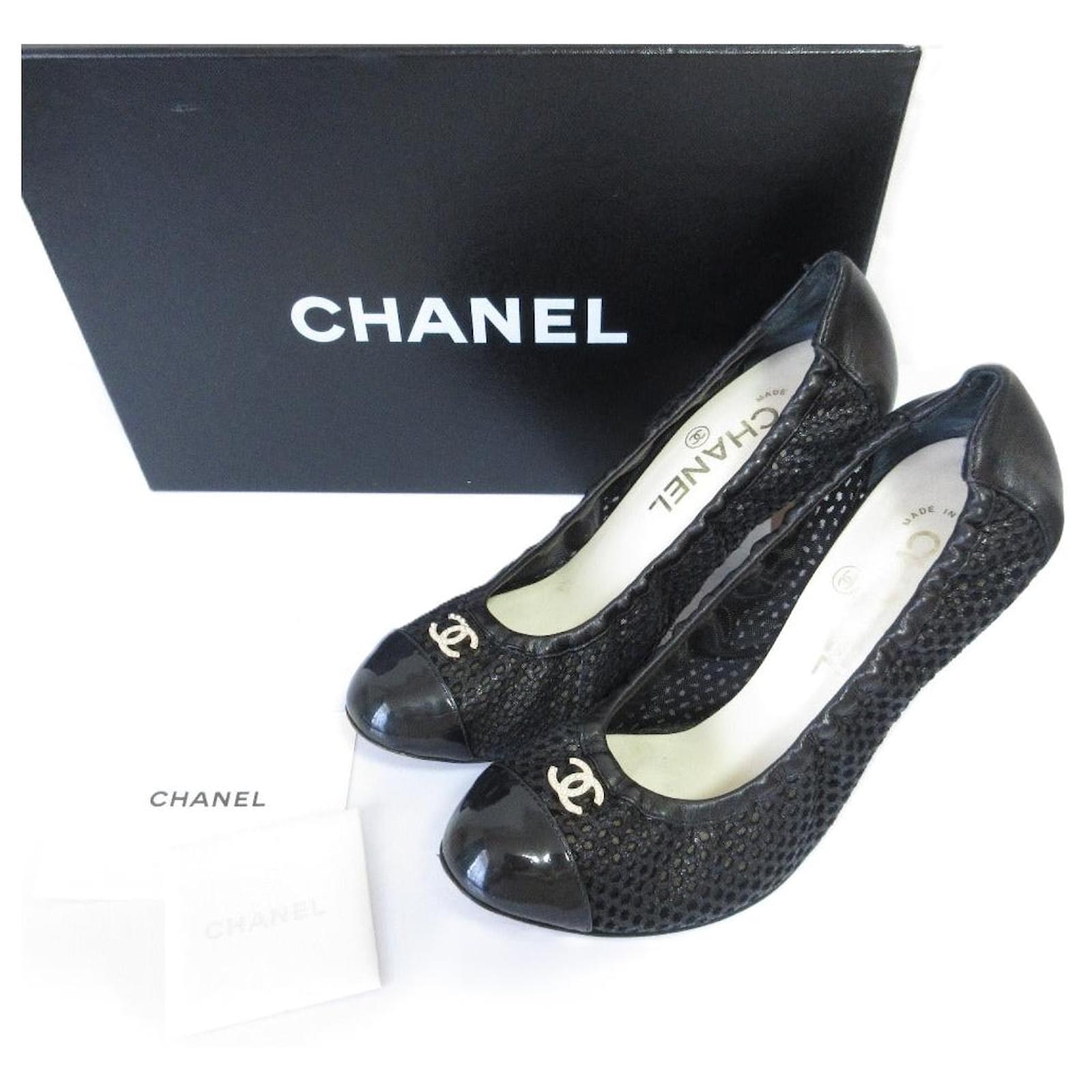 Timeless Chanel Pearl Coco Mark Mesh High Heel Ballet Pumps Black ref ...